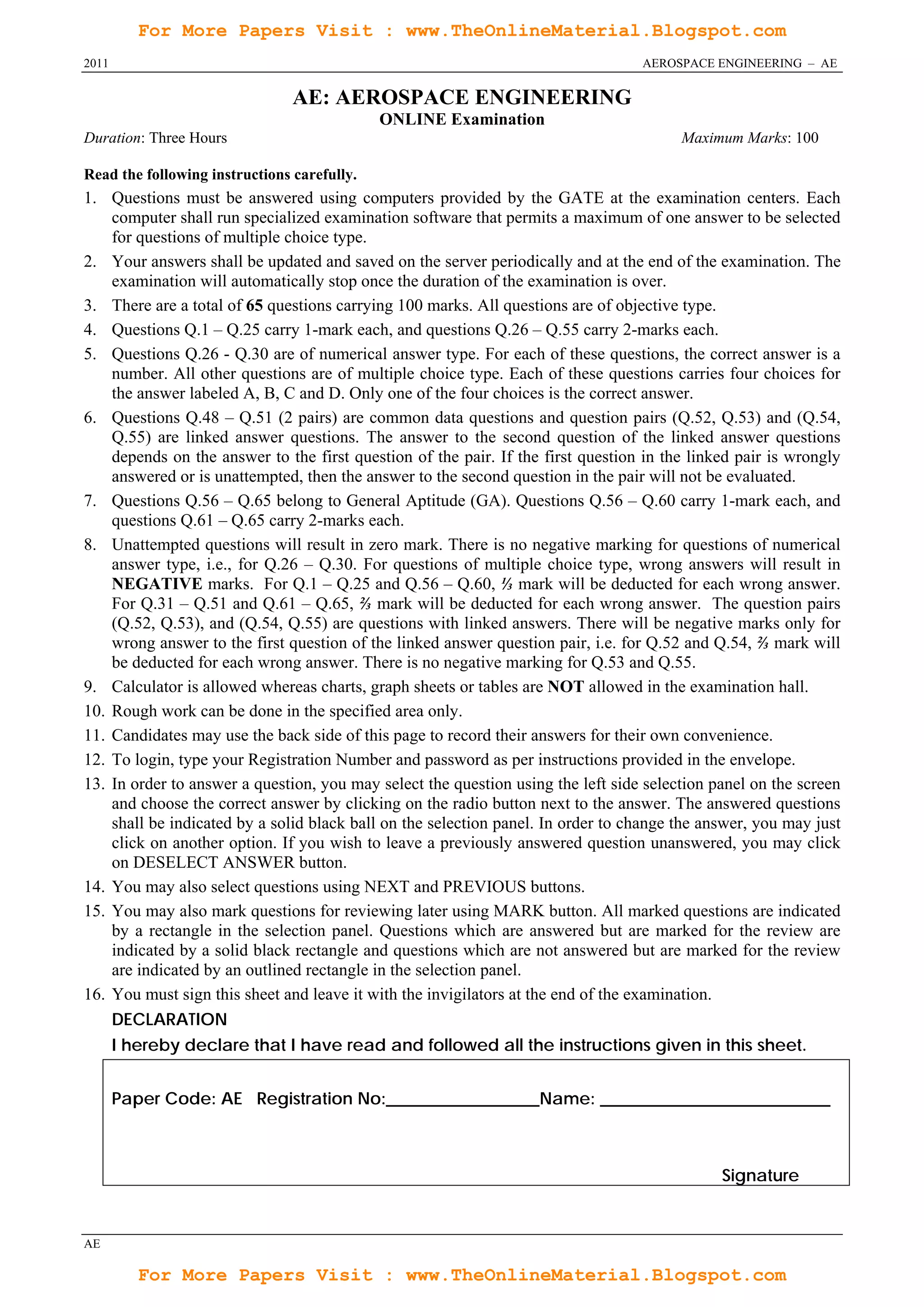 Aerospace Engineering (AE) - Gate Previous Question Paper 2011 Download | PDF