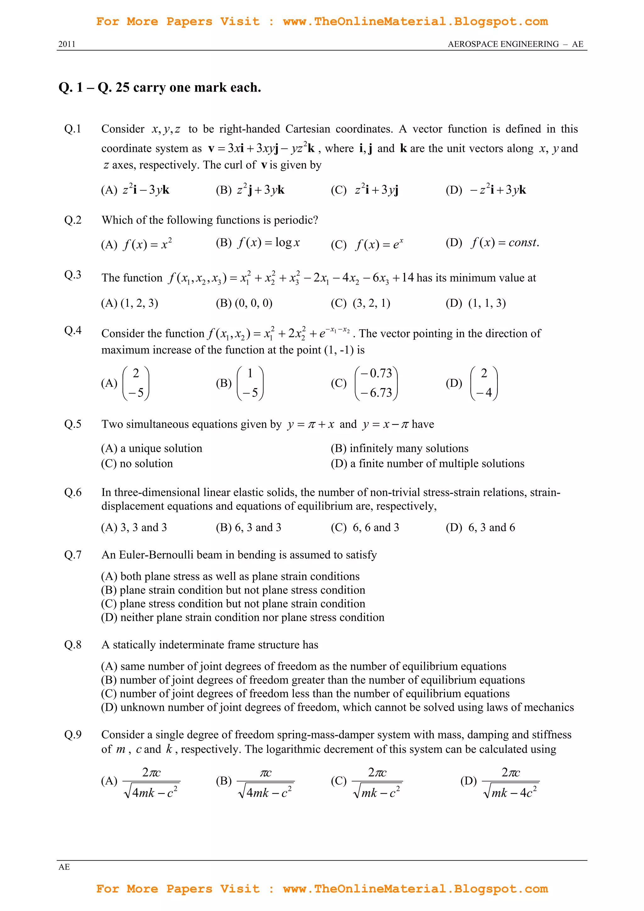 Aerospace Engineering (AE) - Gate Previous Question Paper 2011 Download ...