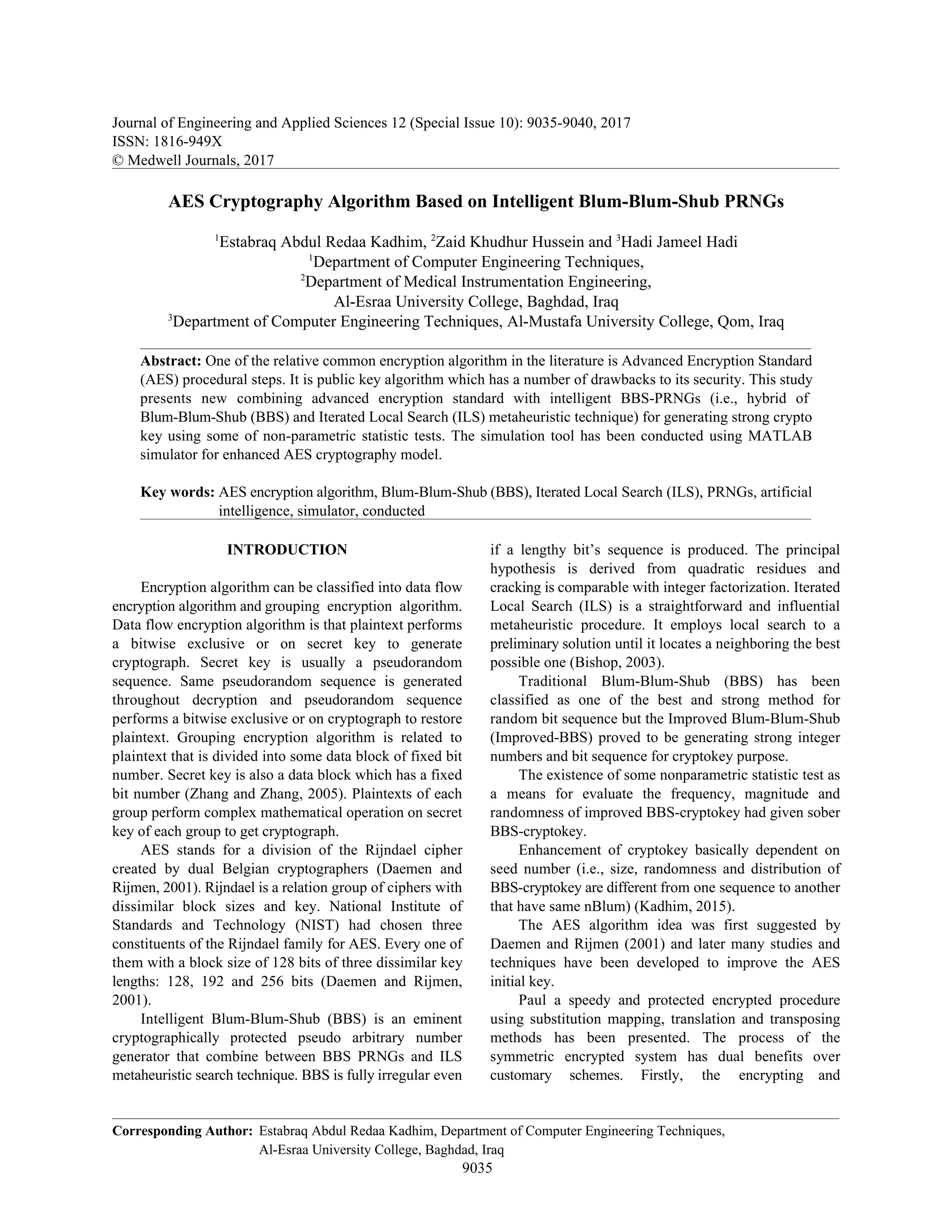 Aes cryptography algorithm based on intelligent blum blum-shub prn gs publications | PDF ...