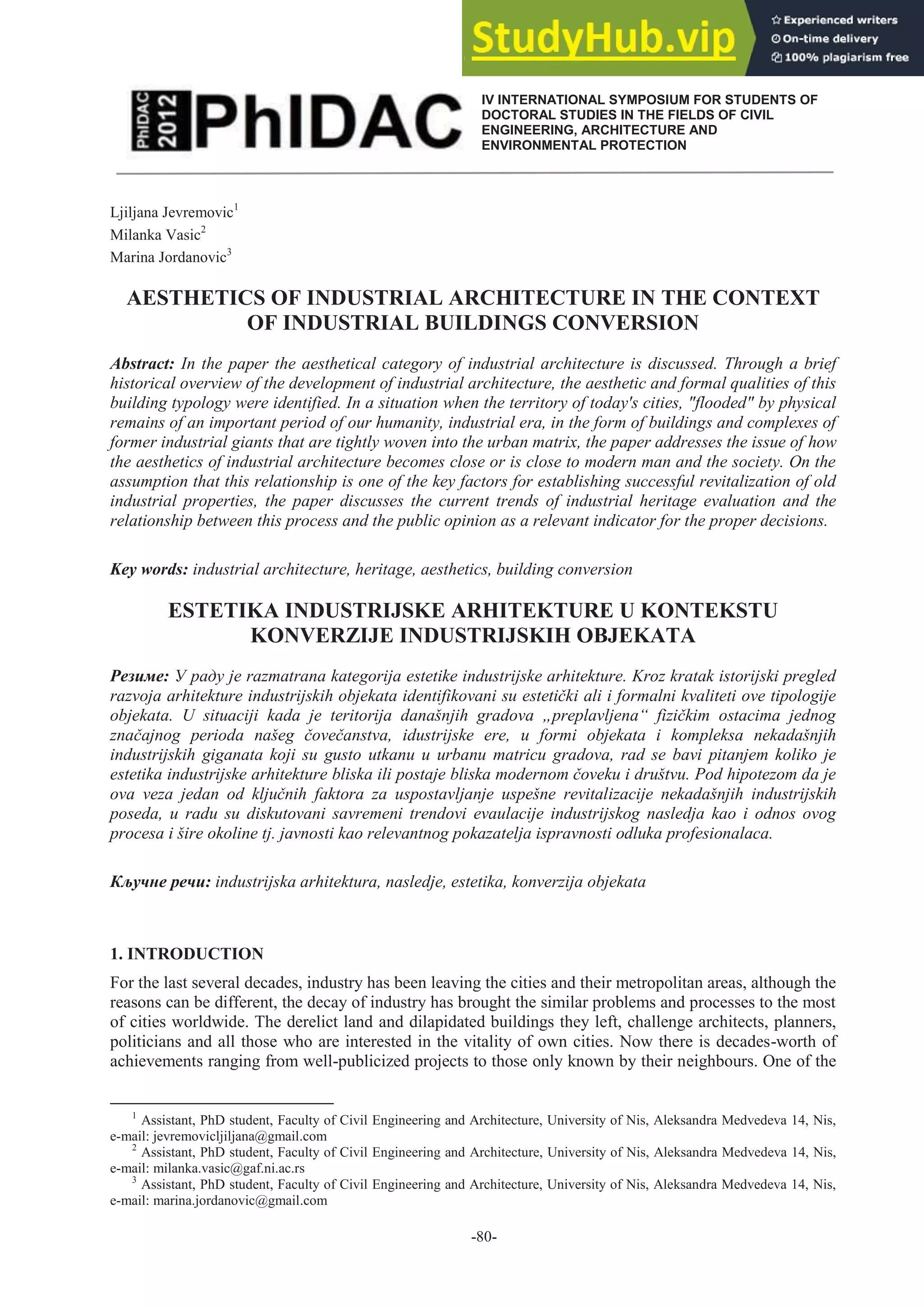 AESTHETICS OF INDUSTRIAL ARCHITECTURE IN THE CONTEXT OF INDUSTRIAL BUILDINGS CONVERSION | PDF