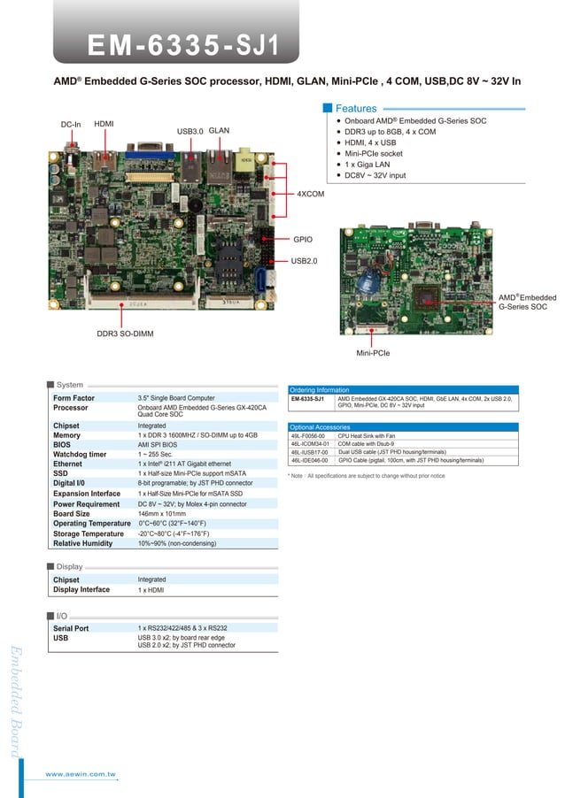 Aewin embedded em6335 sj1-amd g series soc | PDF