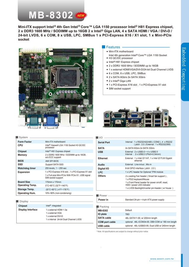 Aewin embedded mb8302 intel 4th generation_mini_itx | PDF