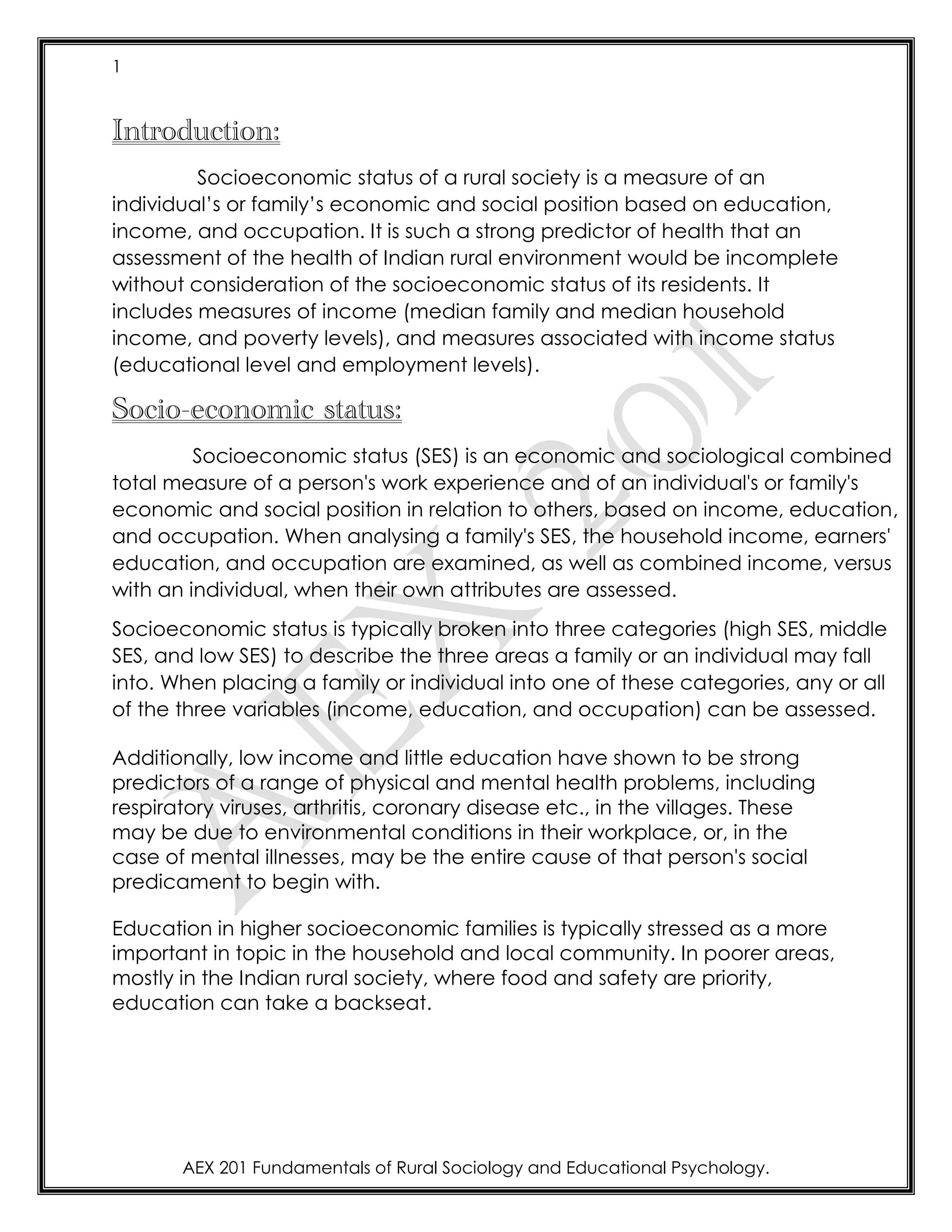 Socio-Economic Status of a Rural Society | PDF