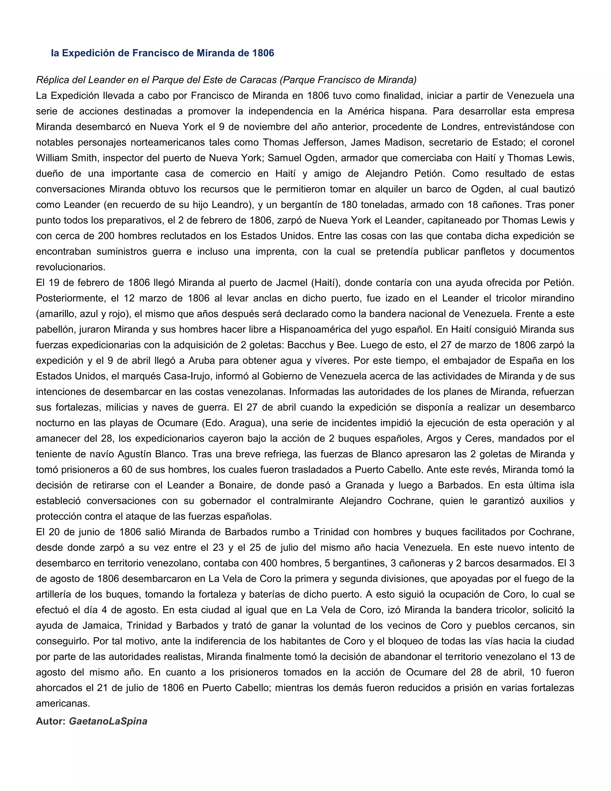A expedición de francisco de miranda de 1806 | DOCX