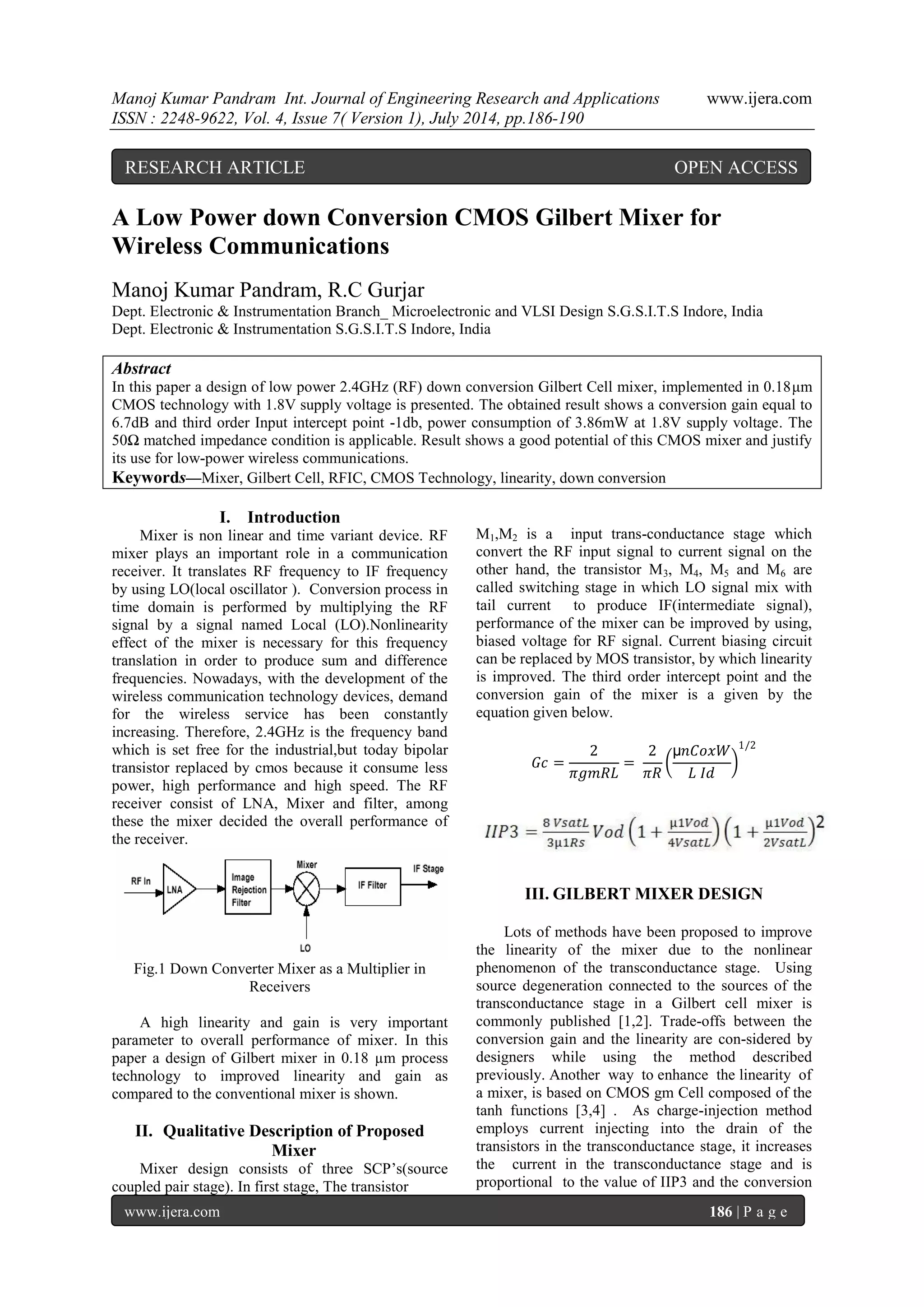 A Low Power down Conversion CMOS Gilbert Mixer for Wireless Communications | PDF