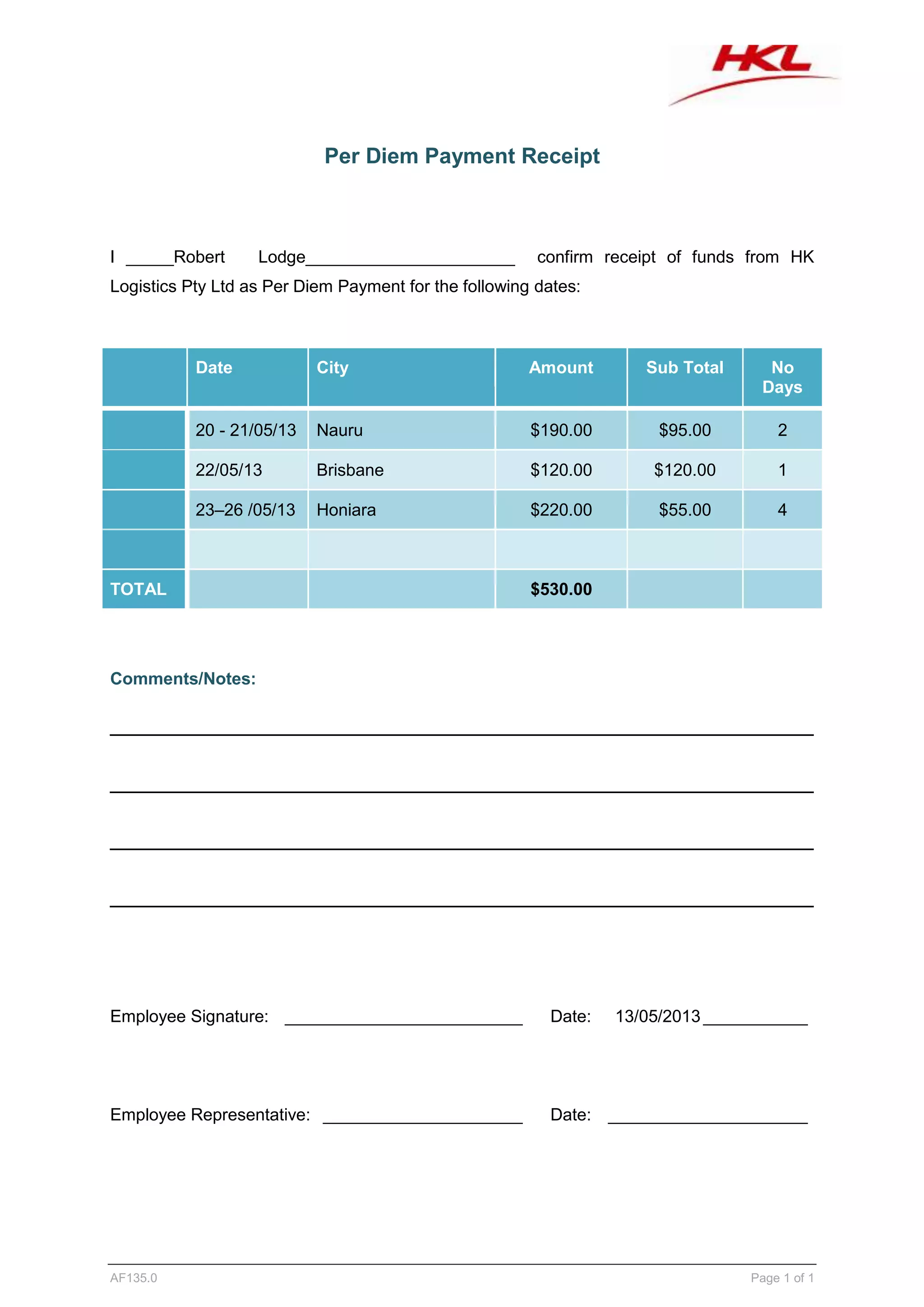 Af135.0 per diem receipt of payment may 13 | DOCX | Business | Business ...