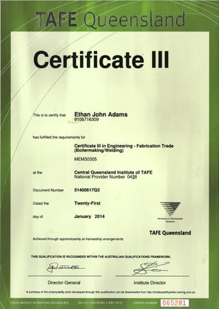Cert III In Engineering - E Adams | PDF