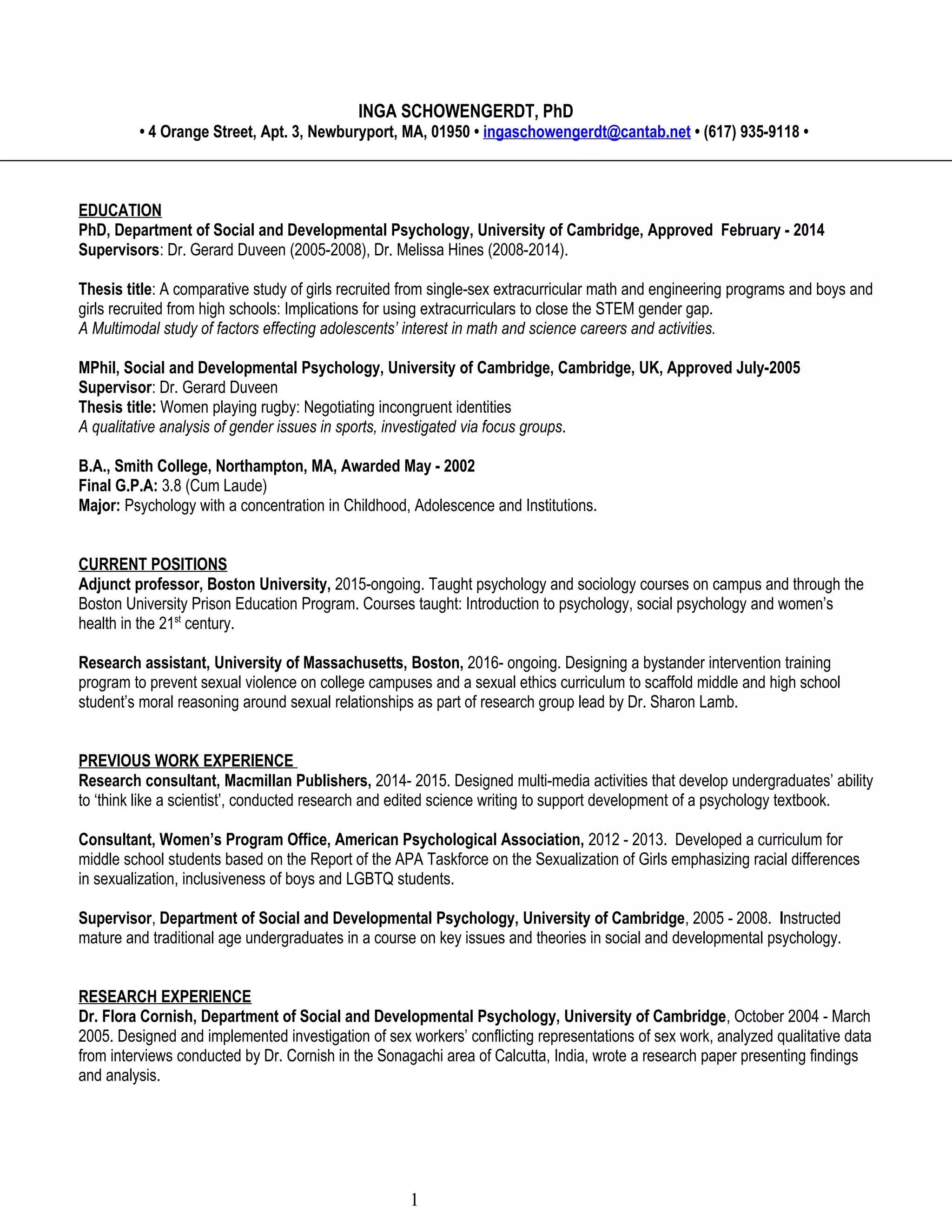 CV FOR INGA SCHOWENGERDT | DOC