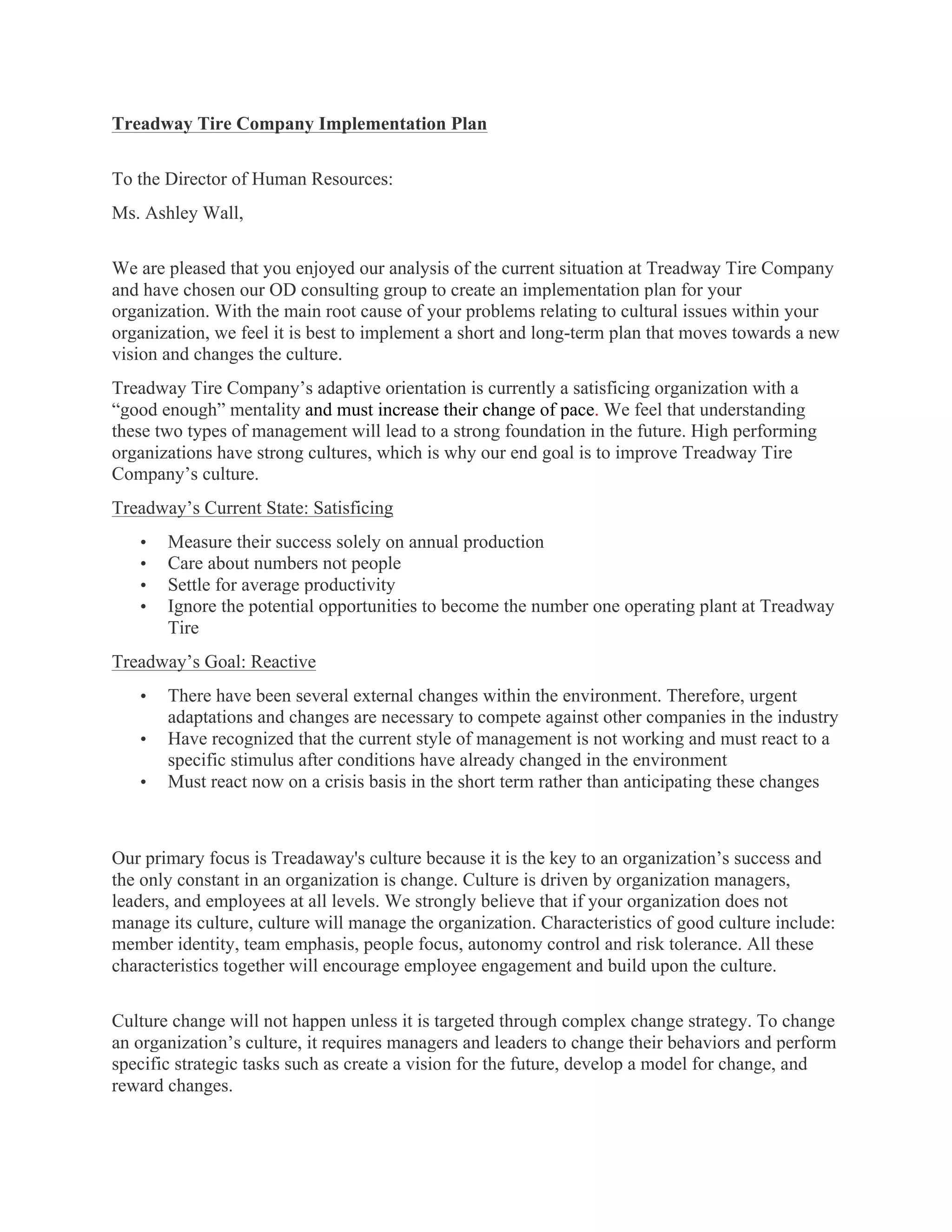 Treadway Tire Company Implementation Plan FINAL | PDF