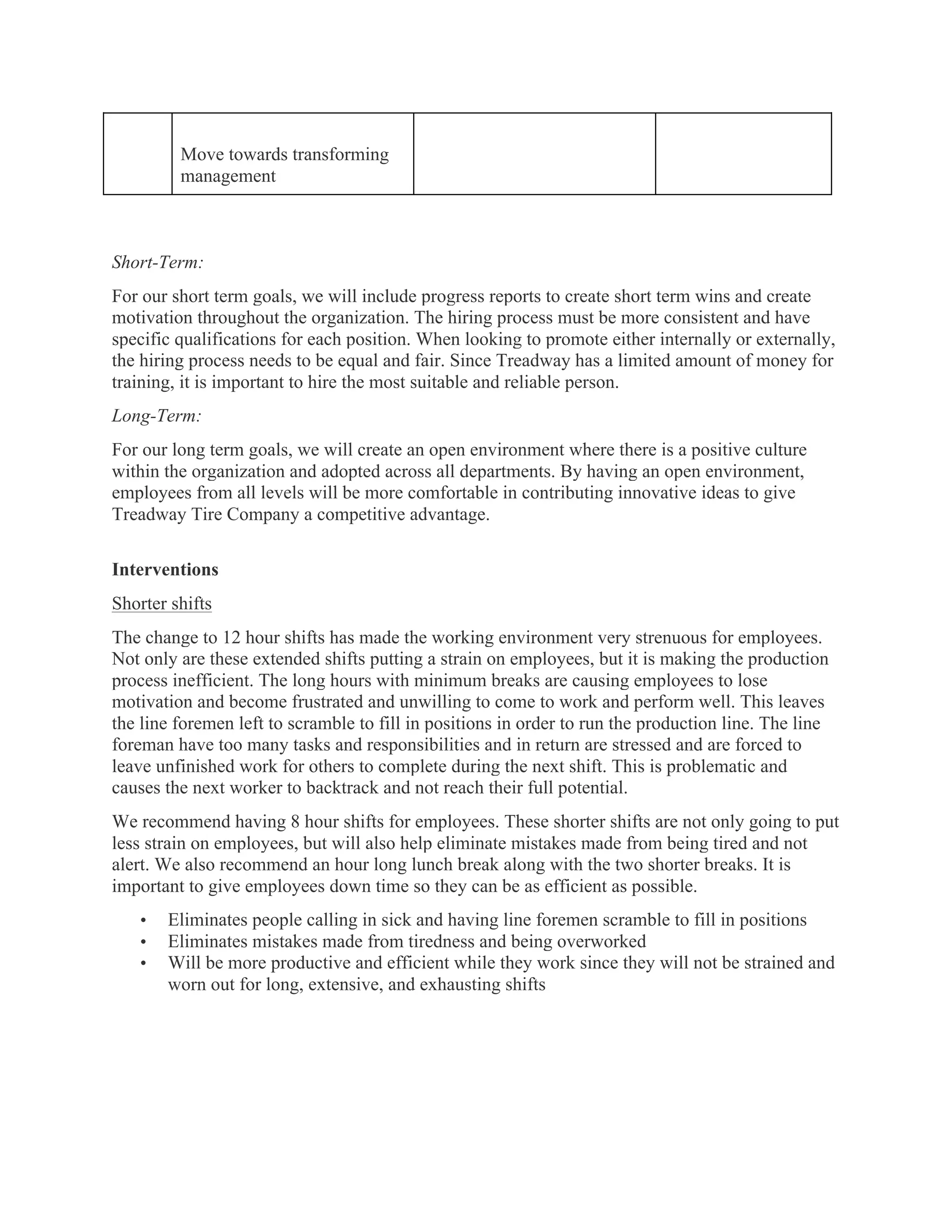 Treadway Tire Company Implementation Plan FINAL | PDF