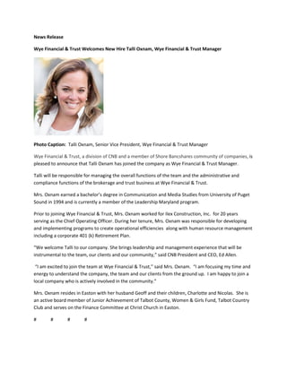 WFT Welcomes New Hire Talli Oxnam | PDF