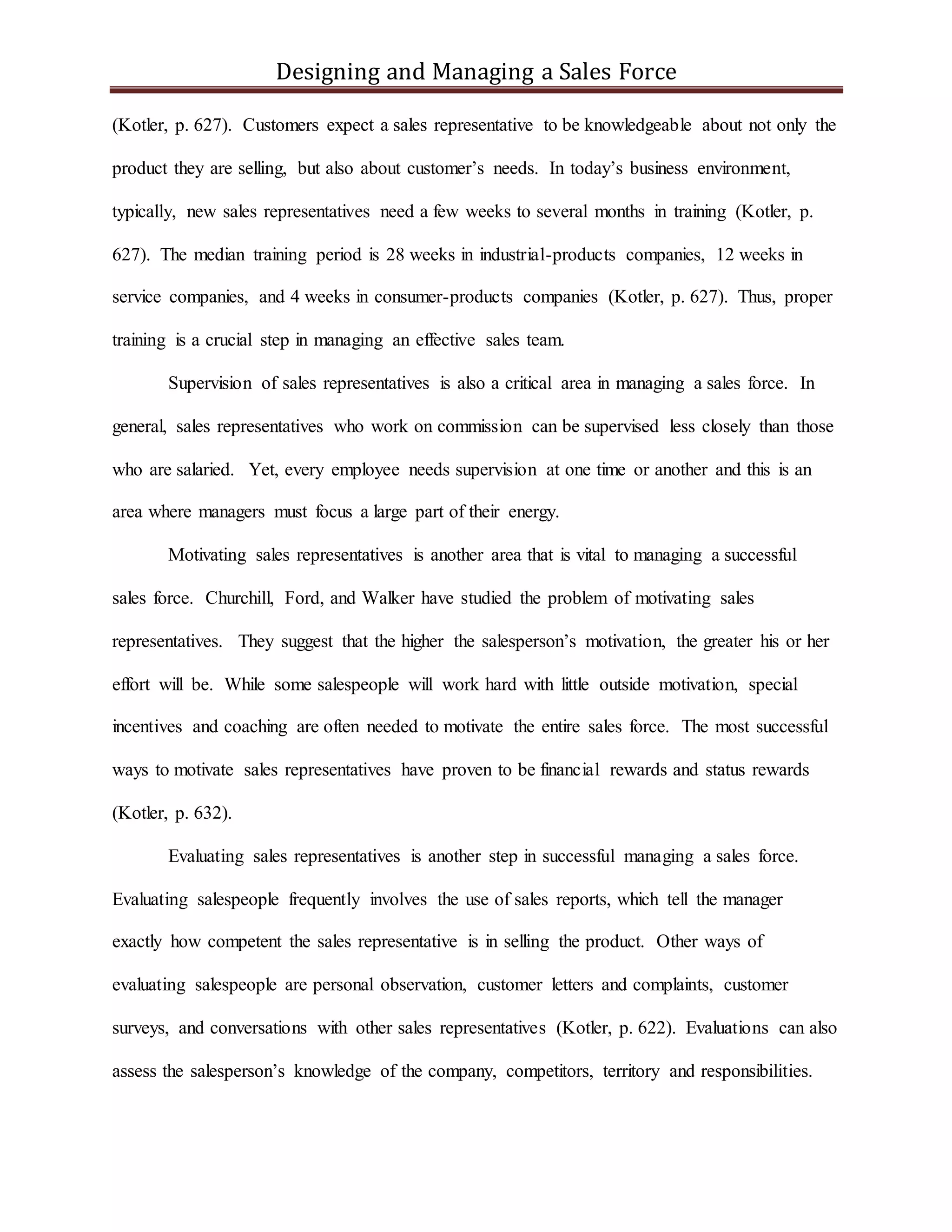 Designing and Managing a Sales Force Paper | DOCX