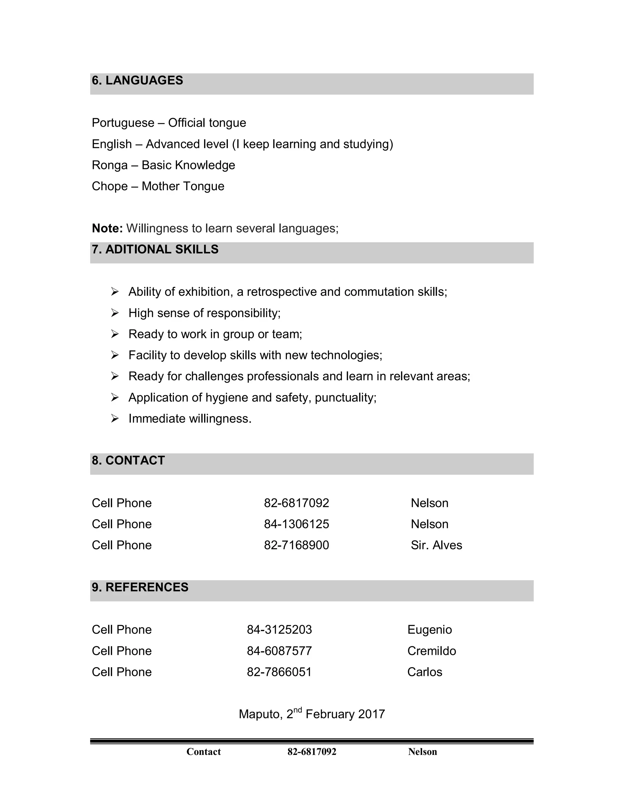 CV of Nelson in English act1 2017 | PDF