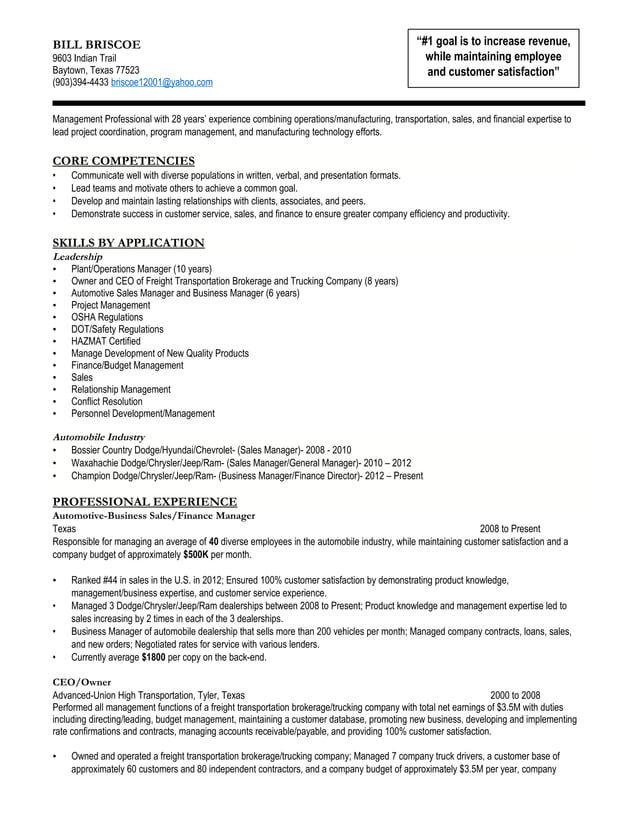 Bill Briscoe- Operations-Transportation Management Resume | PDF