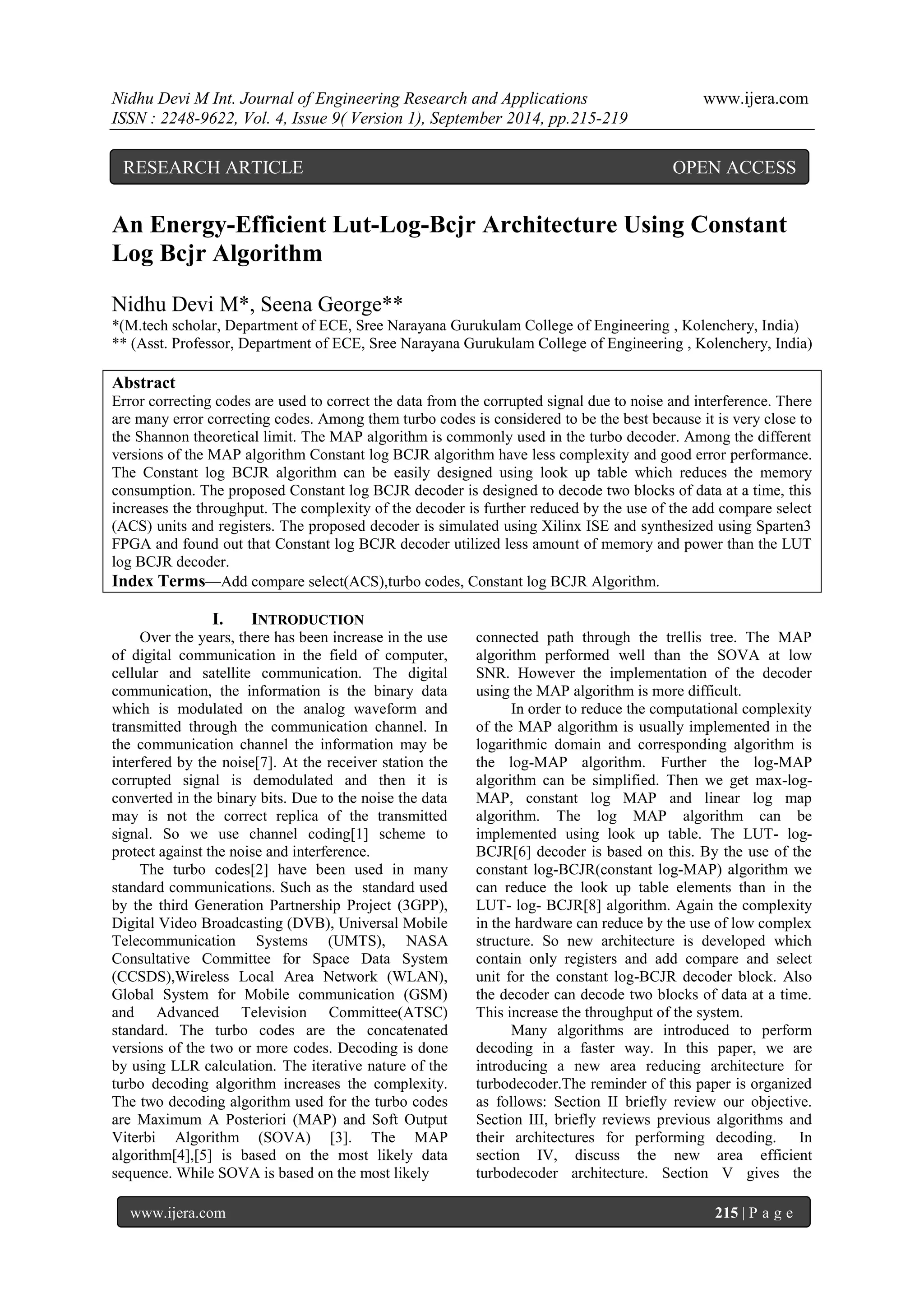 An Energy-Efficient Lut-Log-Bcjr Architecture Using Constant Log Bcjr Algorithm | PDF