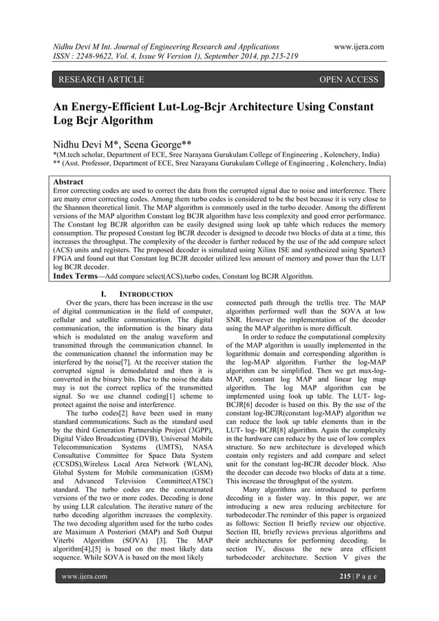An Energy-Efficient Lut-Log-Bcjr Architecture Using Constant Log Bcjr Algorithm | PDF