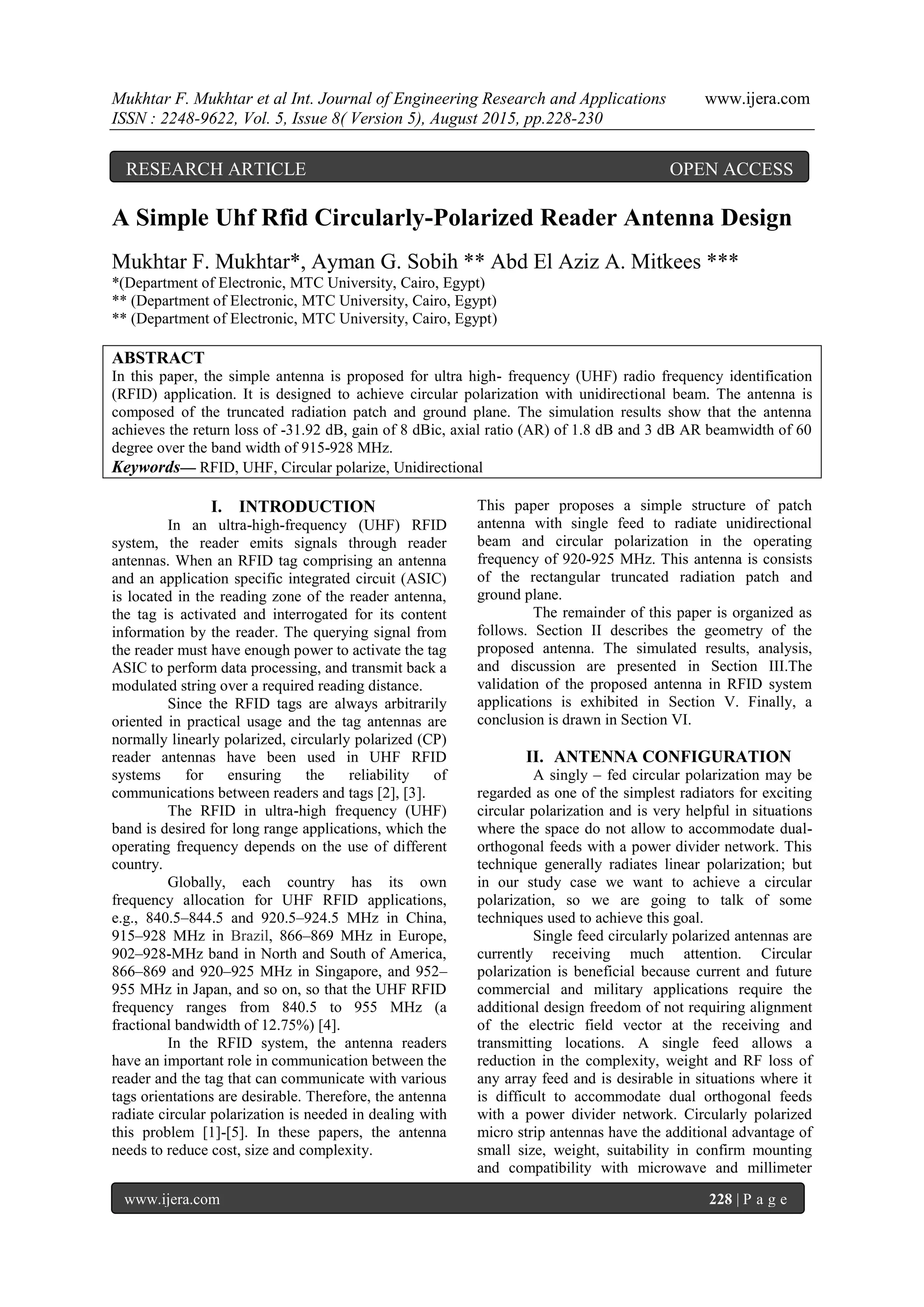 A Simple Uhf Rfid Circularly-Polarized Reader Antenna Design | PDF