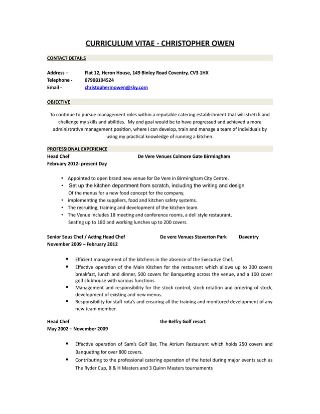 CV_Christopher_Owen_2015 | PDF | Dining Out | Food & Drink