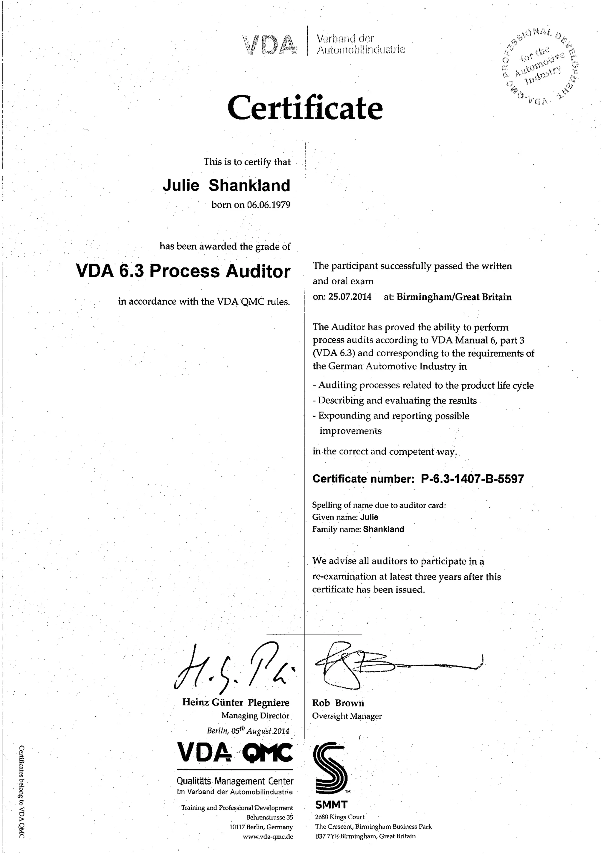 Julie Shankland VDA Certificate | PDF