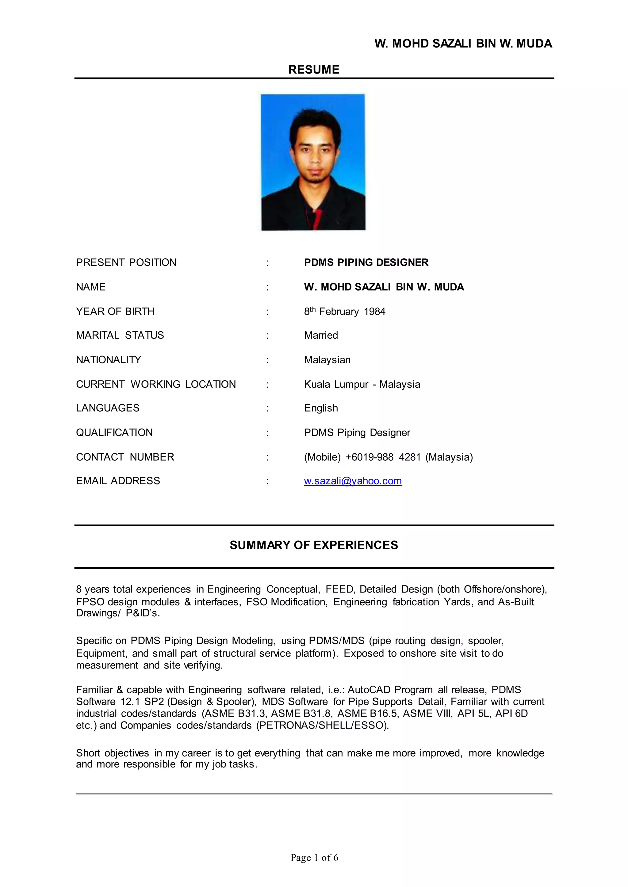 Resume - Wan Sazali, PDMS Piping Designer | DOCX