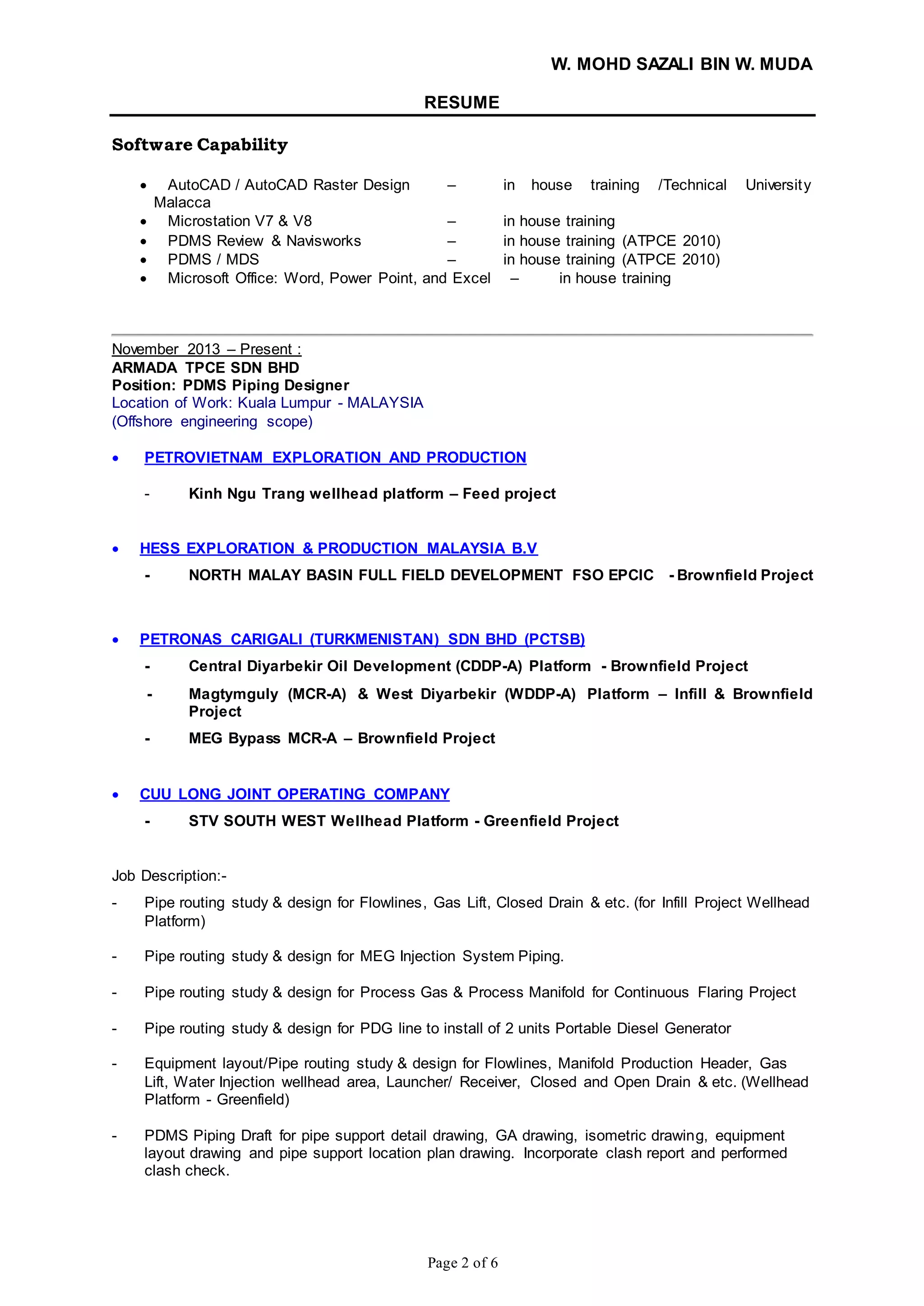Resume - Wan Sazali, PDMS Piping Designer | DOCX