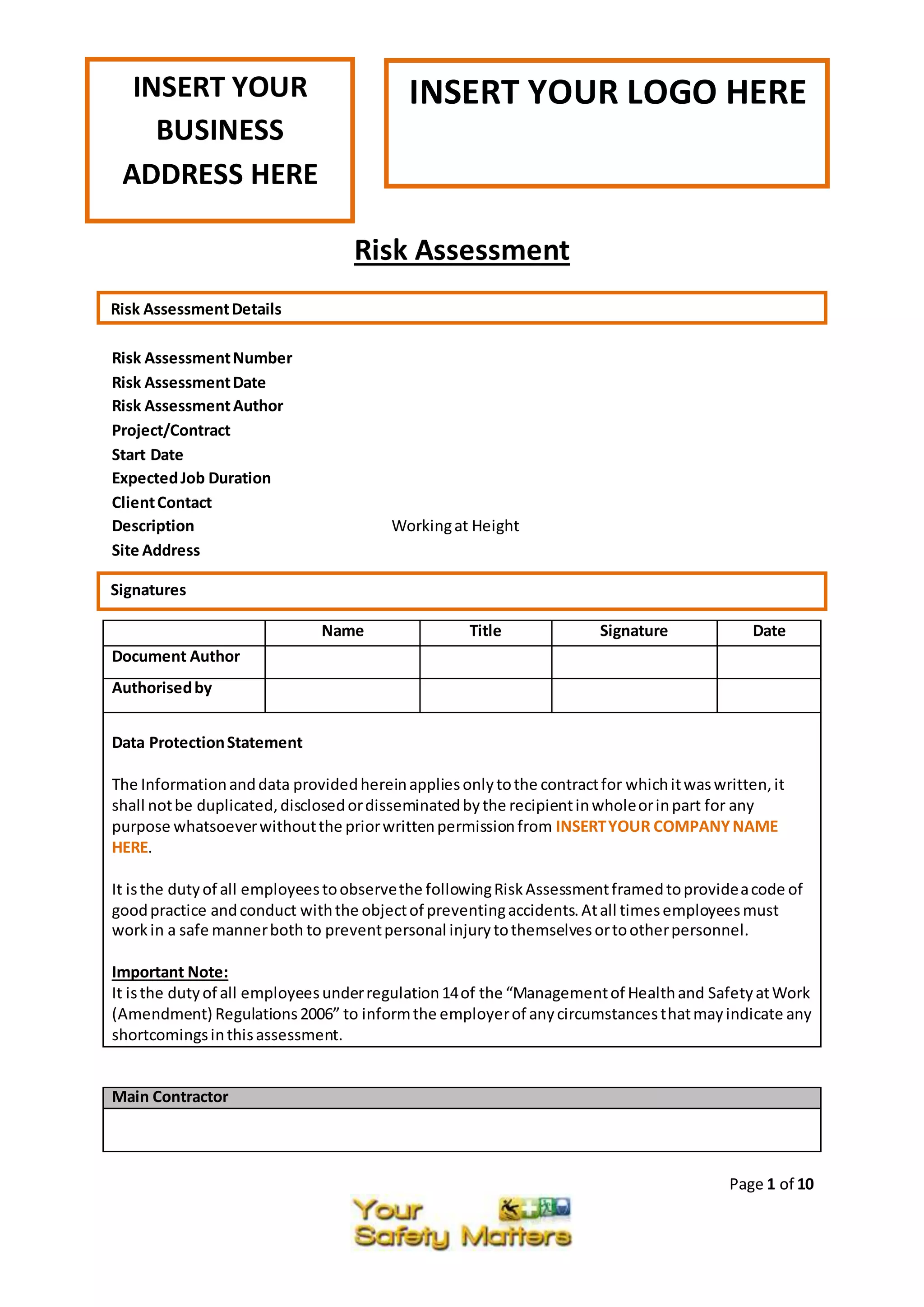 Working at Height - Risk Assessment Template | DOCX