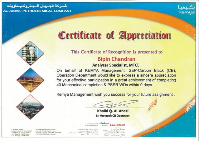 Kemya CB Operation Recognition Certificate | PPT