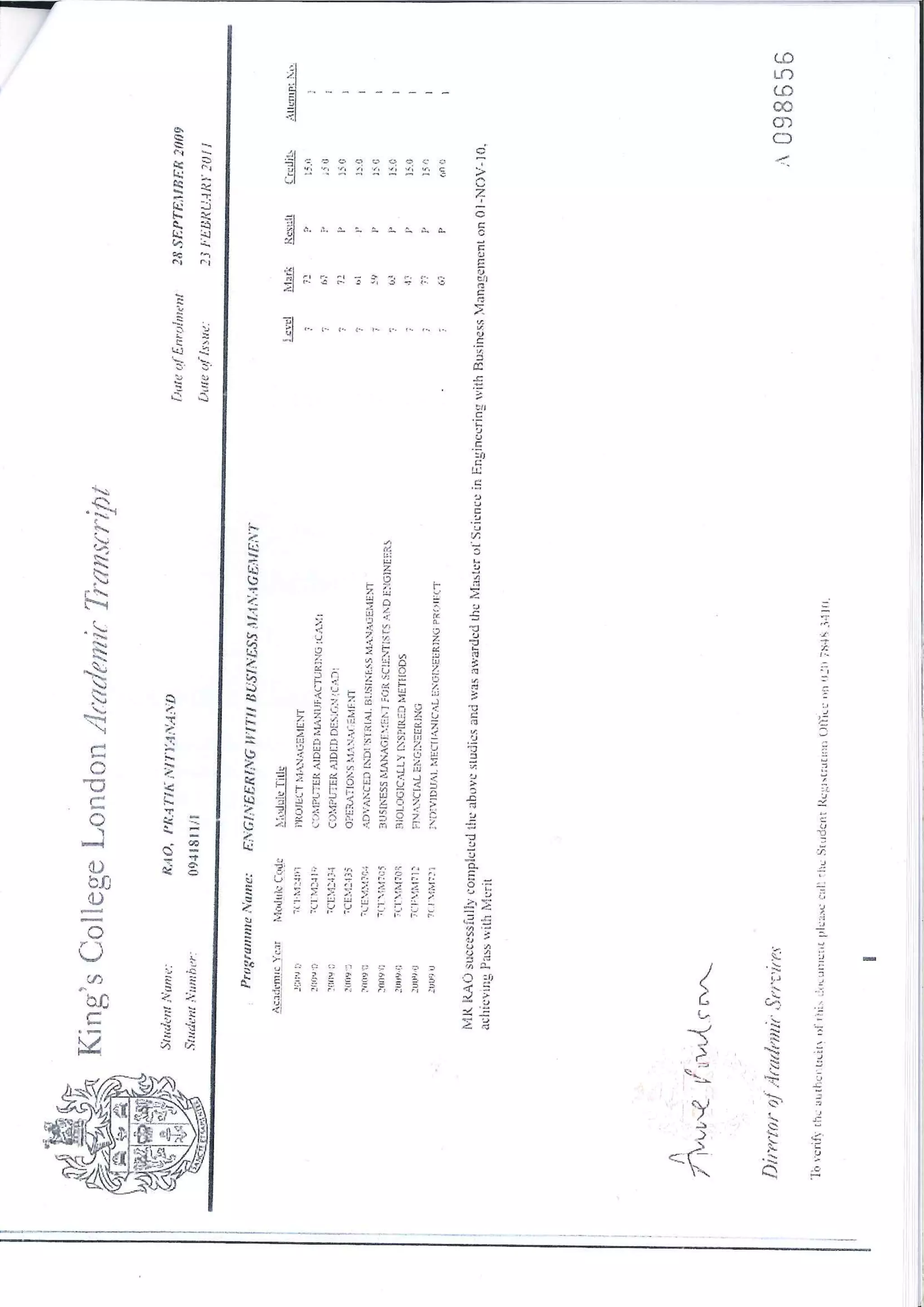 Pratik Rao - MSc Degree & Transcript | PDF