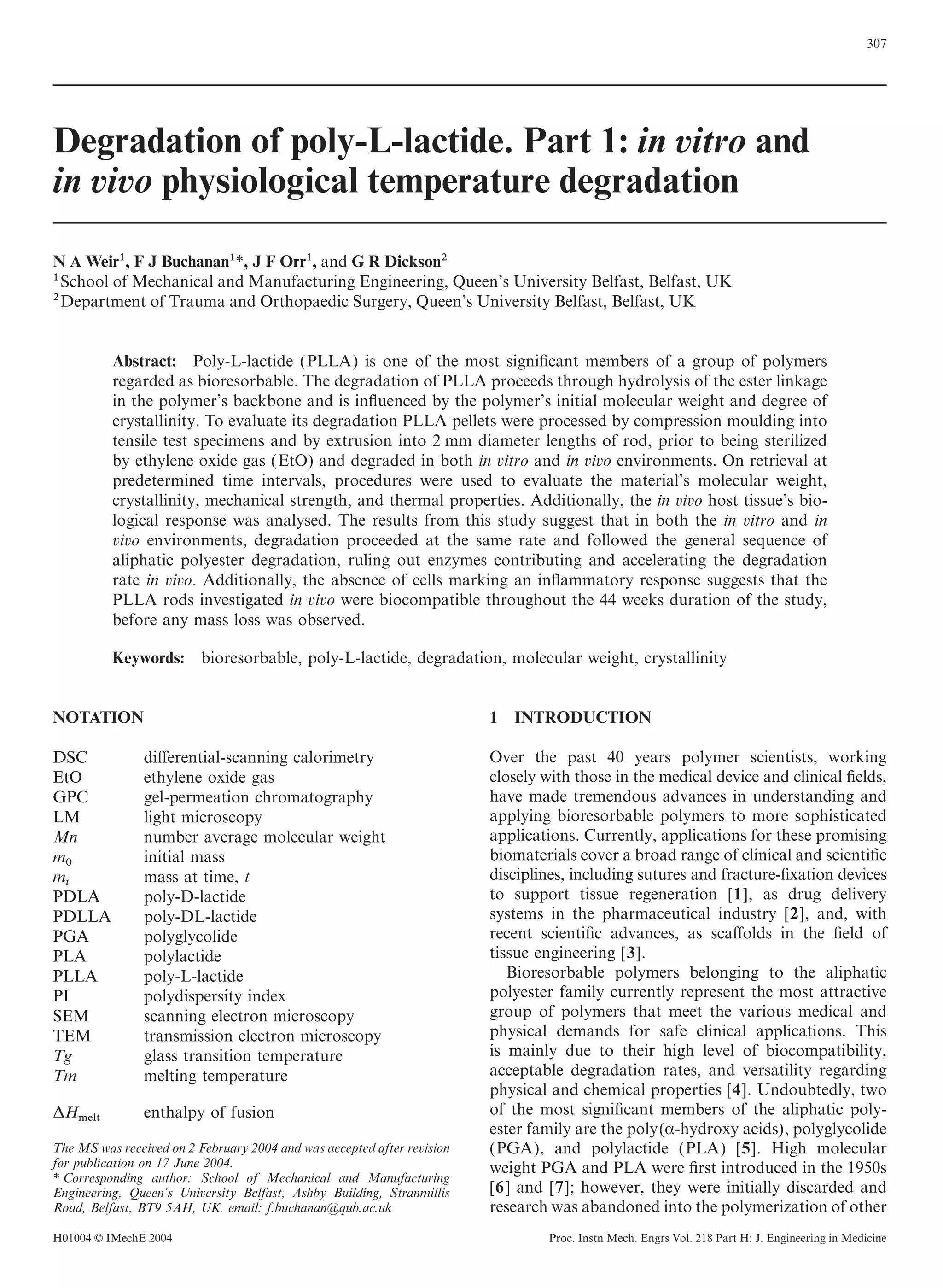 Degradation of poly-L-lactide. Part 1, IMechE, 2004 | PDF