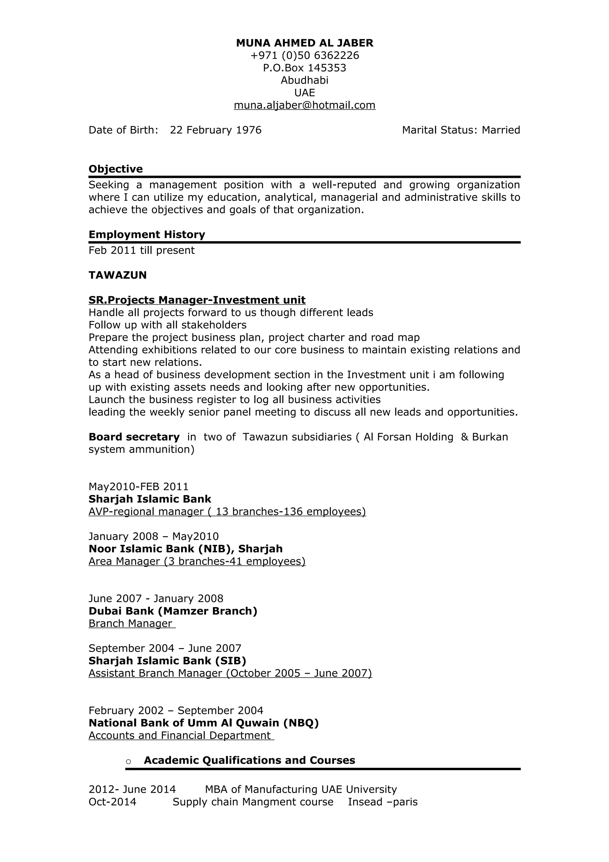 Muna Al jaber CV | DOC | Business Administration | Business