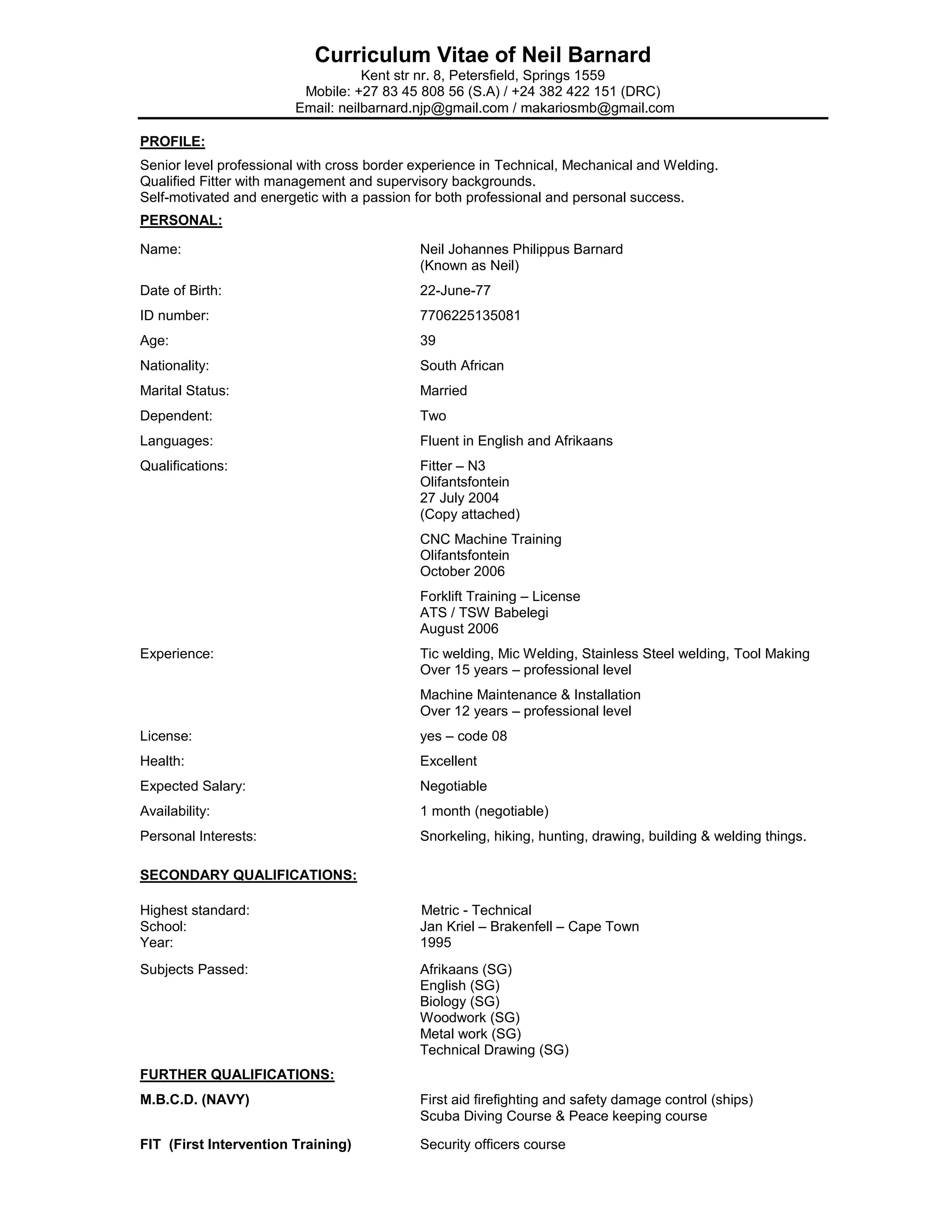 Curriculum Vitae of Neil Barnard - 2pg | PDF | Secondary Education | Education