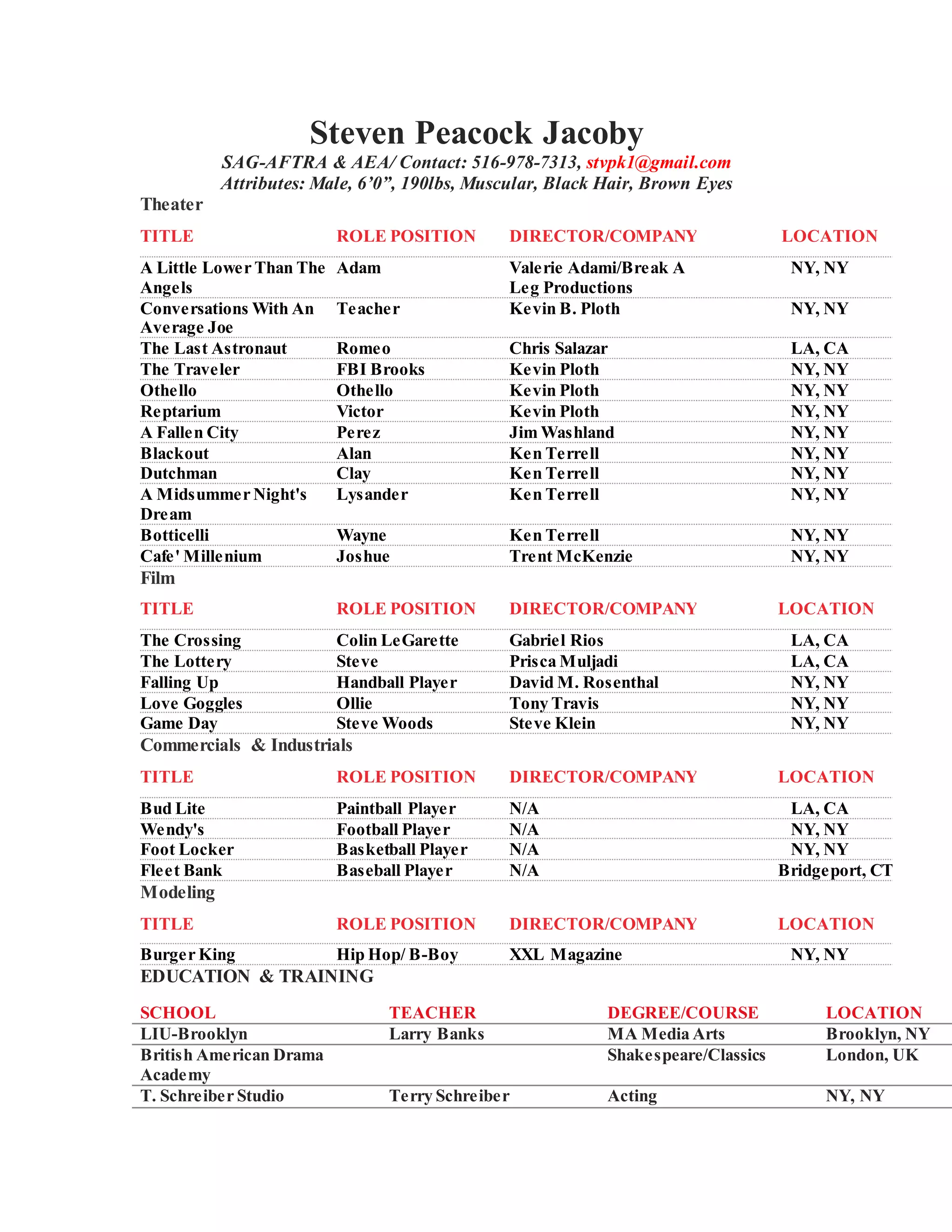 Steven Peacock Jacoby Actor Resume-2016 1A | DOCX