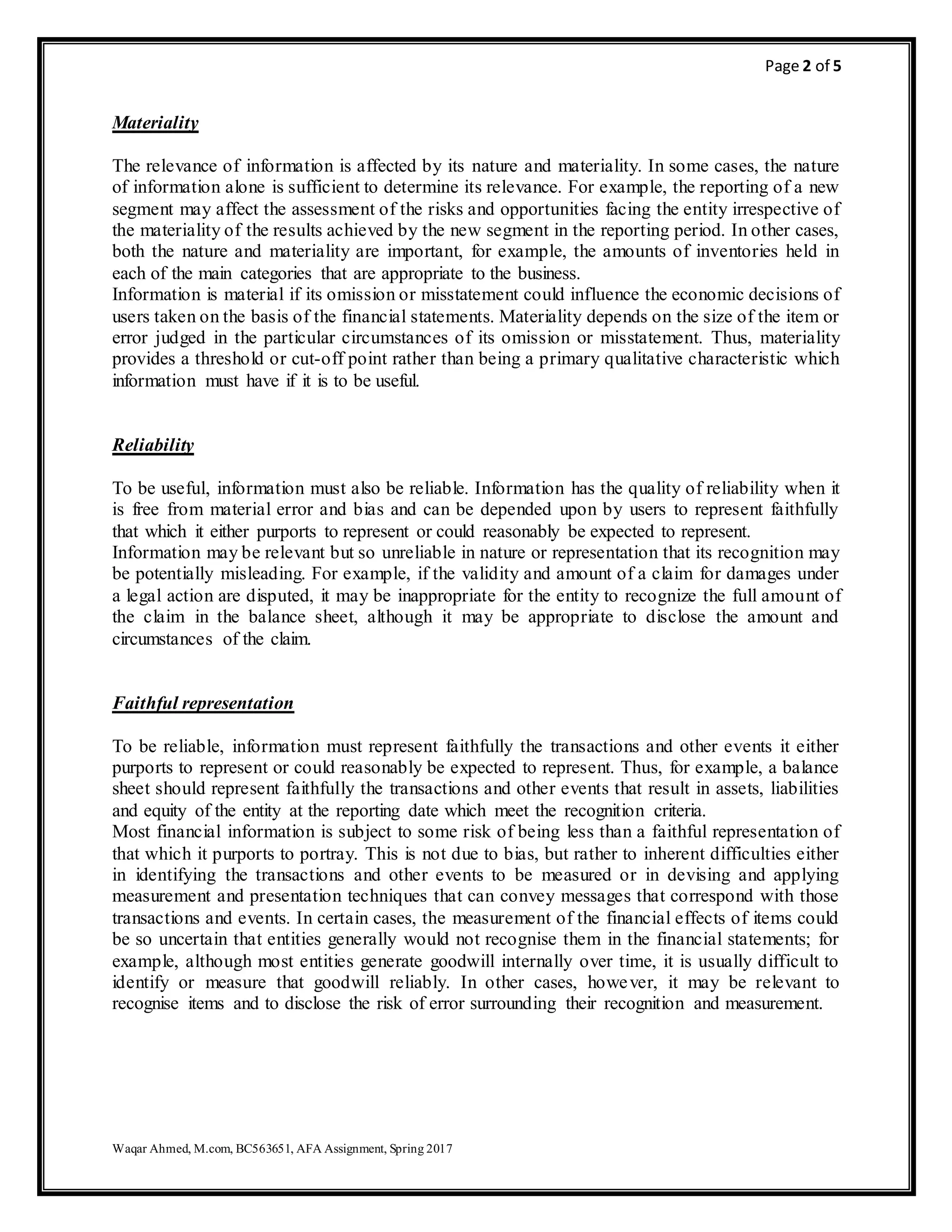 QUALITATIVE CHARACTERISTICS OF FINANCIAL STATEMENTS & CONSTRAINTS ON ...