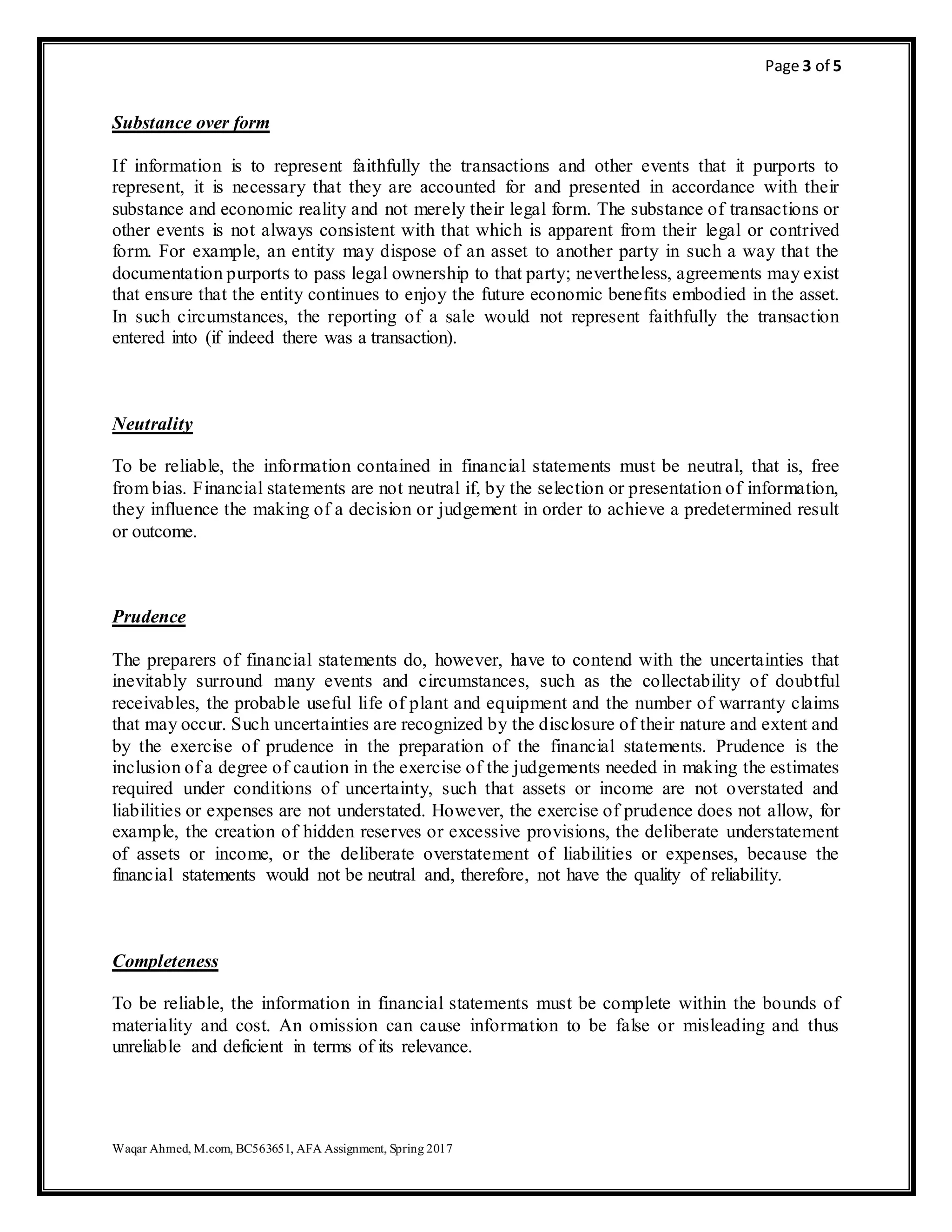 QUALITATIVE CHARACTERISTICS OF FINANCIAL STATEMENTS & CONSTRAINTS ON ...