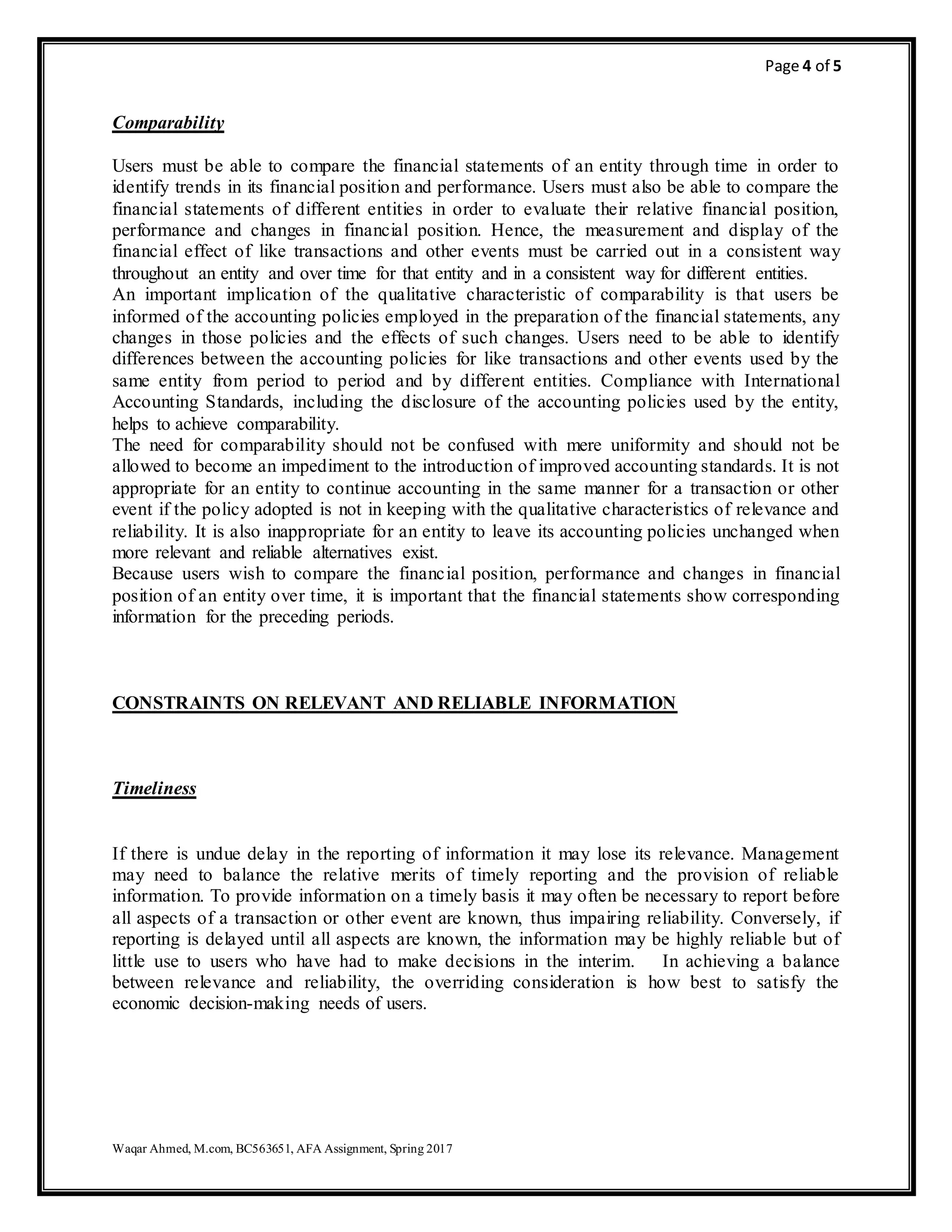 QUALITATIVE CHARACTERISTICS OF FINANCIAL STATEMENTS & CONSTRAINTS ON ...
