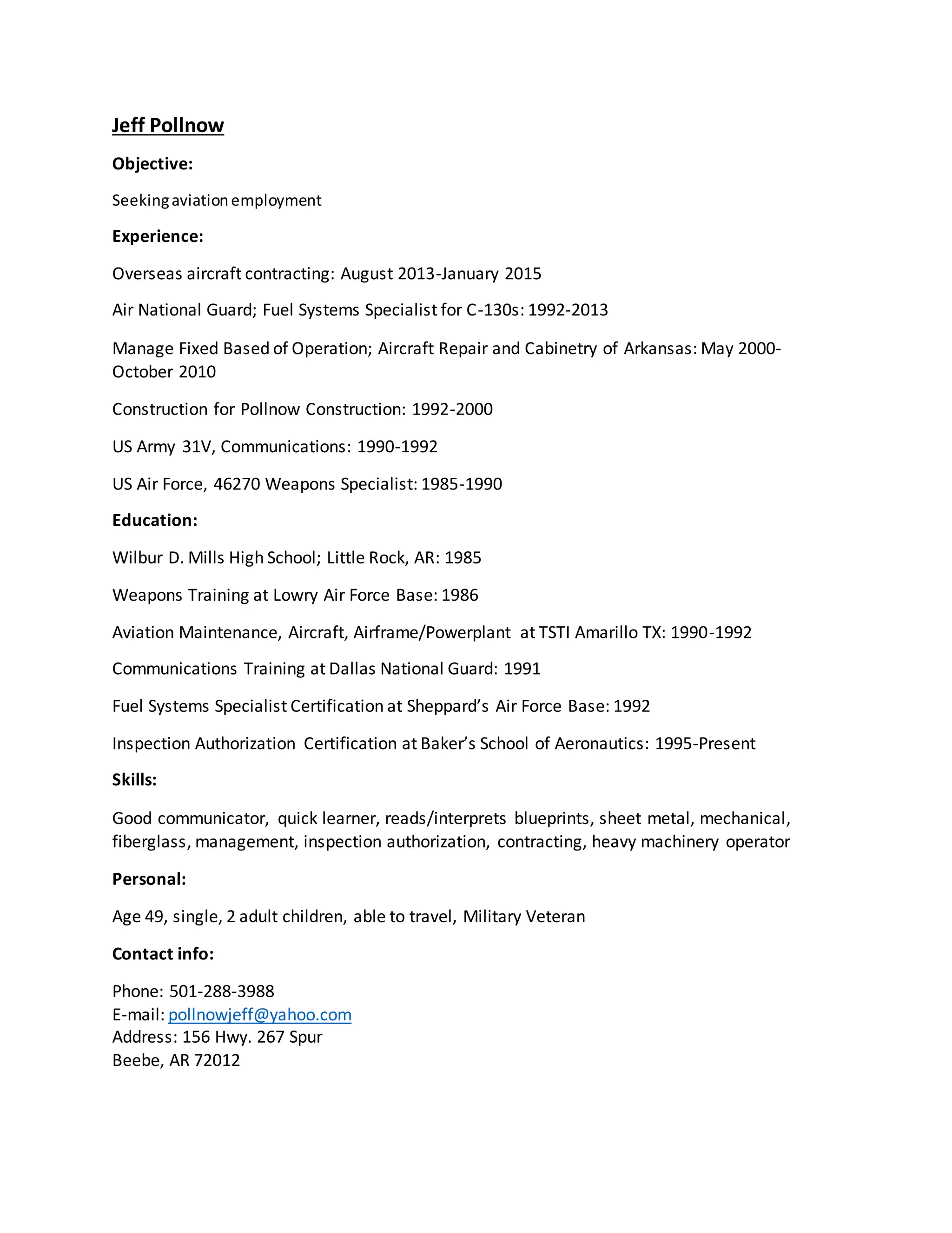 Jeff's Resume | DOCX | Aviation Industry | Industries