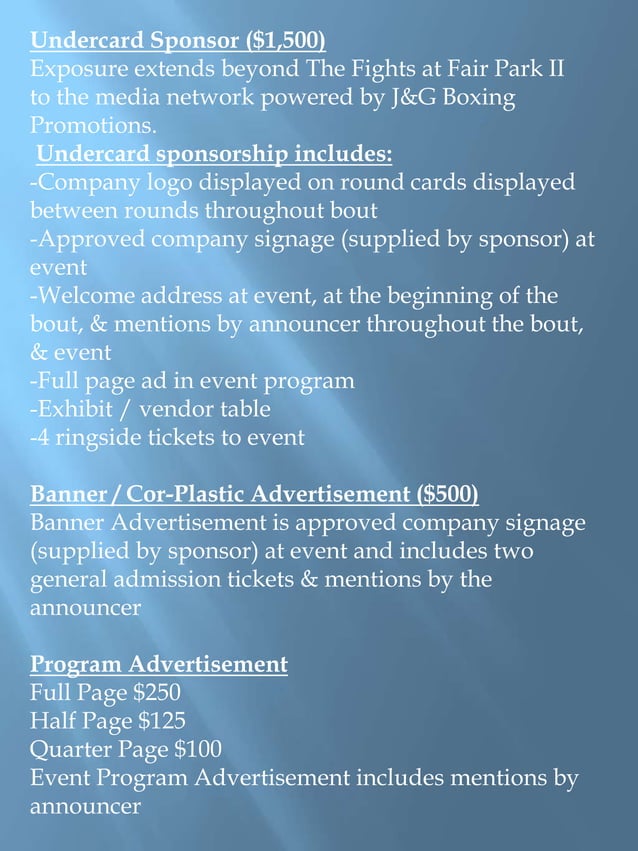 J&G Boxing Sponsorship Proposal | PPTX | Boxing | Sports