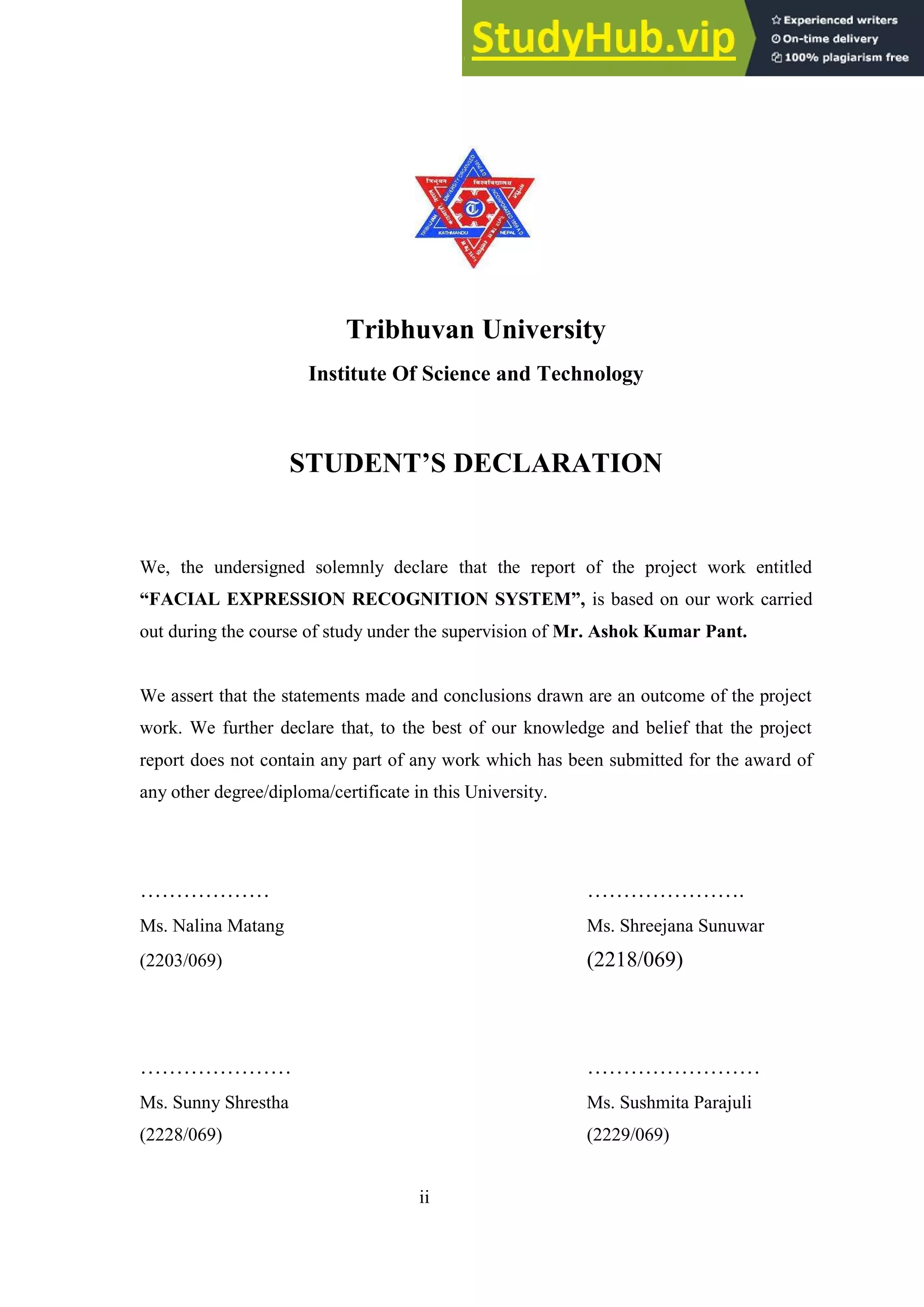 A Facial Expression Recognition System A Project Report | PDF