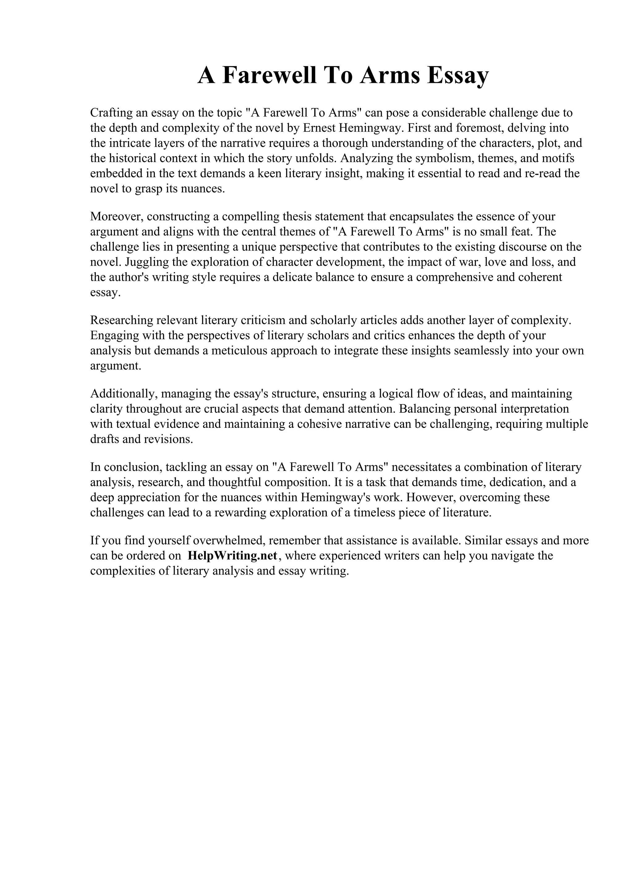 A Farewell To Arms Essay | PDF