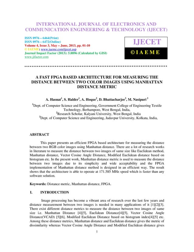 A Fast Fpga Based Architecture For Measuring The Distance Between Pdf
