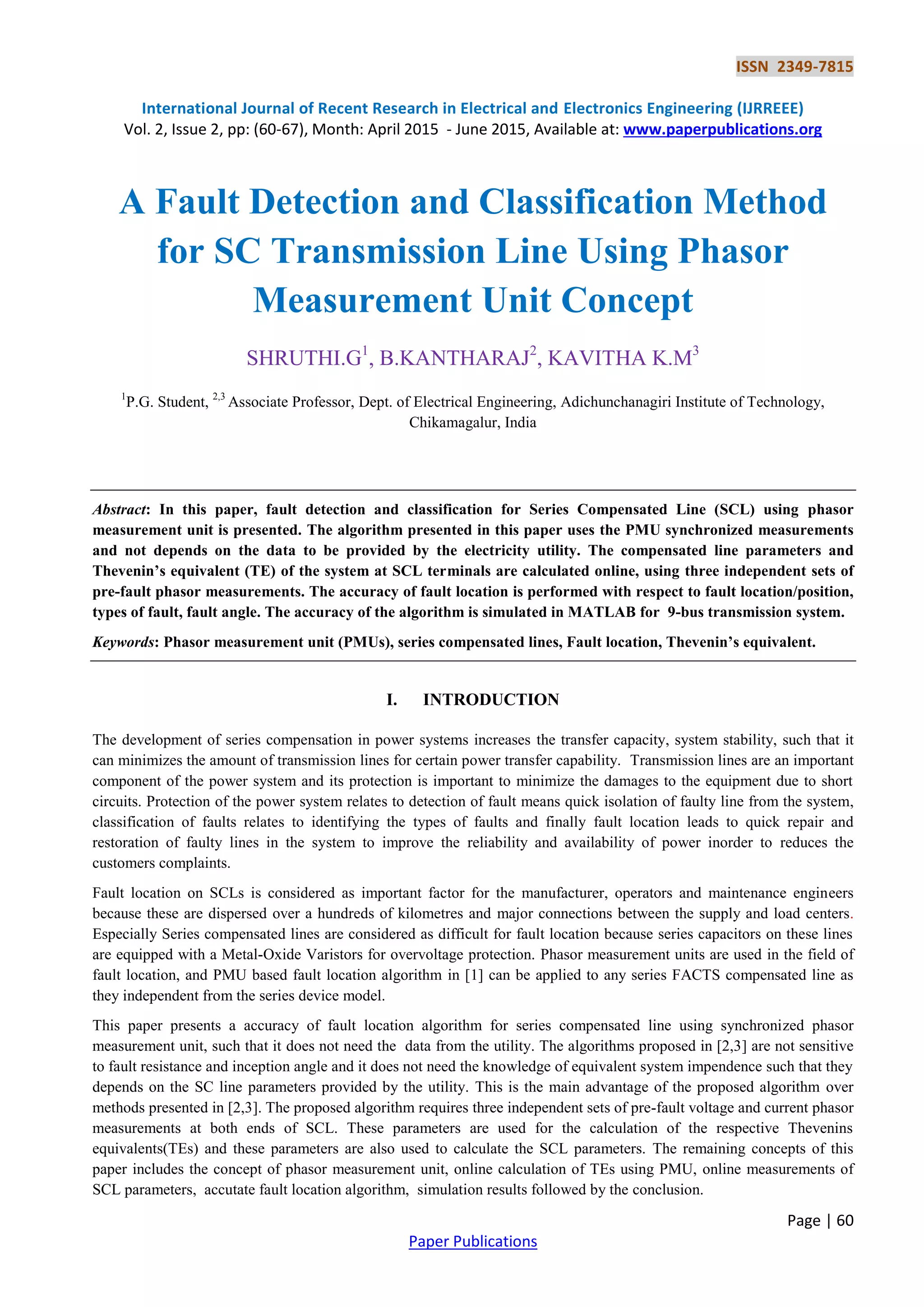 A Fault Detection And Classification Method For Sc Transmission Line Using Phasor Measurement