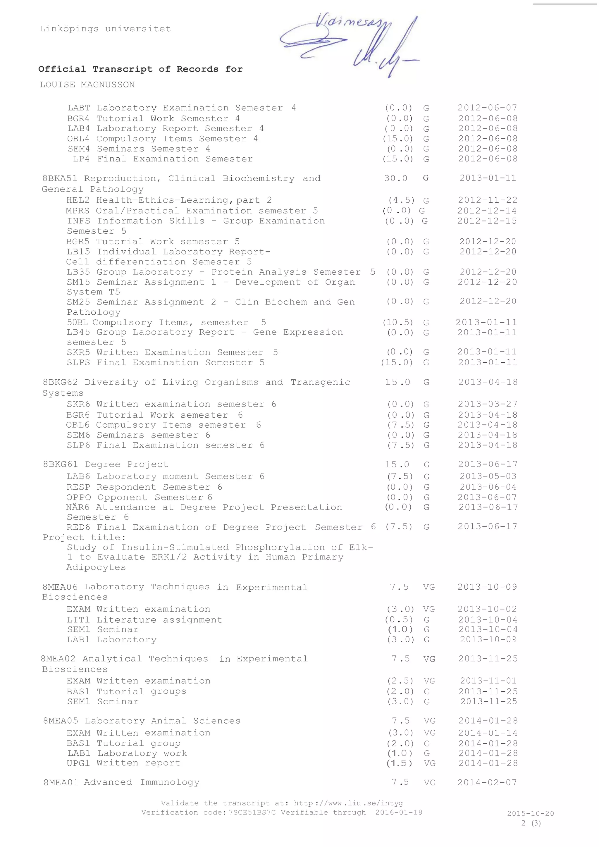 Verified transcript from LADOK (Linköping University) | PDF