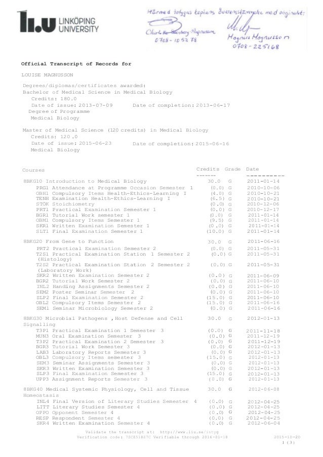 Verified transcript from LADOK (Linköping University)