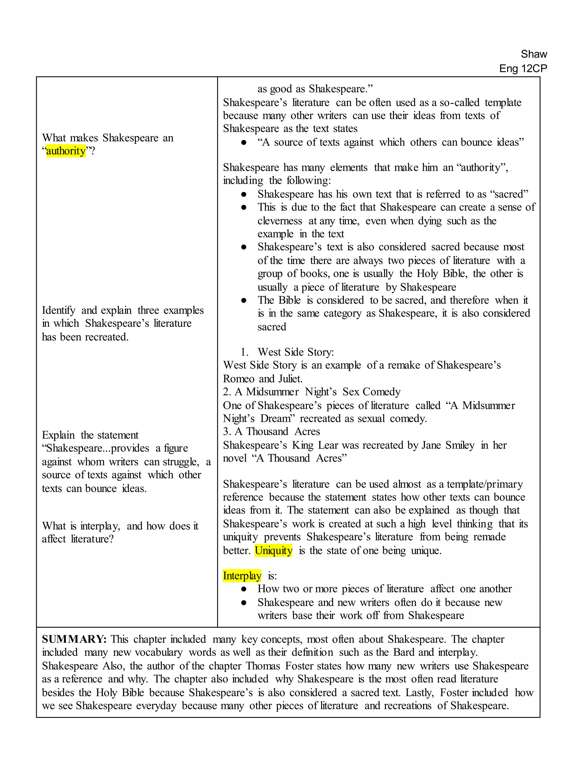 "It's from Shakespeare" Cornell Notes | DOCX