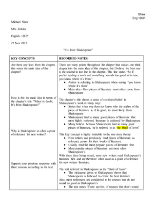 "It's from Shakespeare" Cornell Notes | DOCX