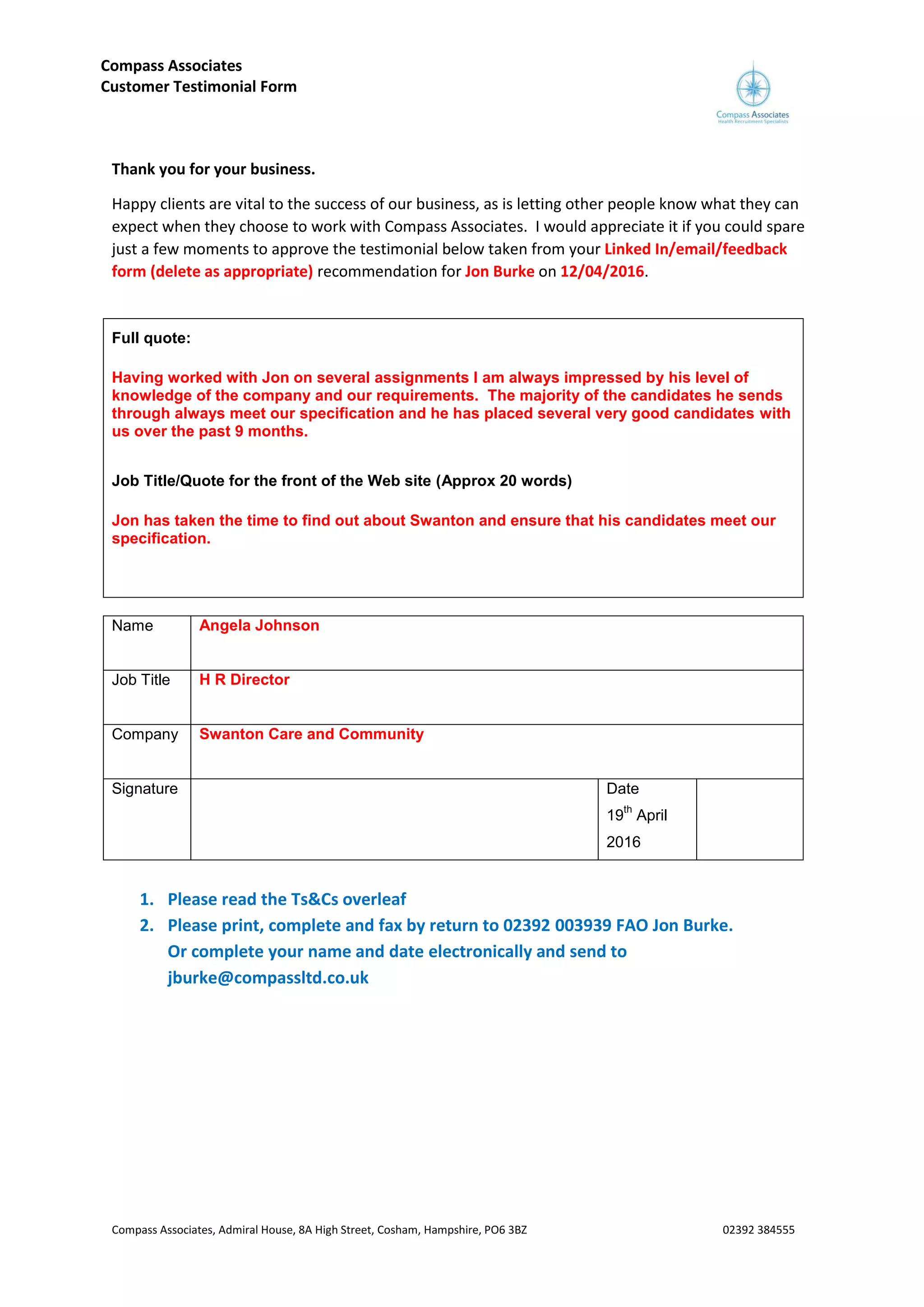 Angela Johnson Testimonial - Swanton Care | PDF
