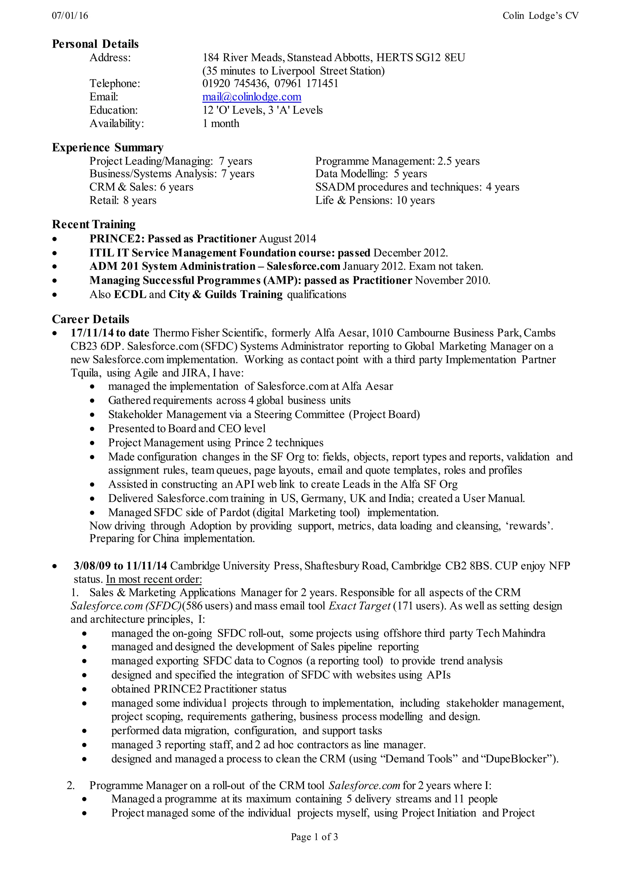Colin LodgeCV | PDF