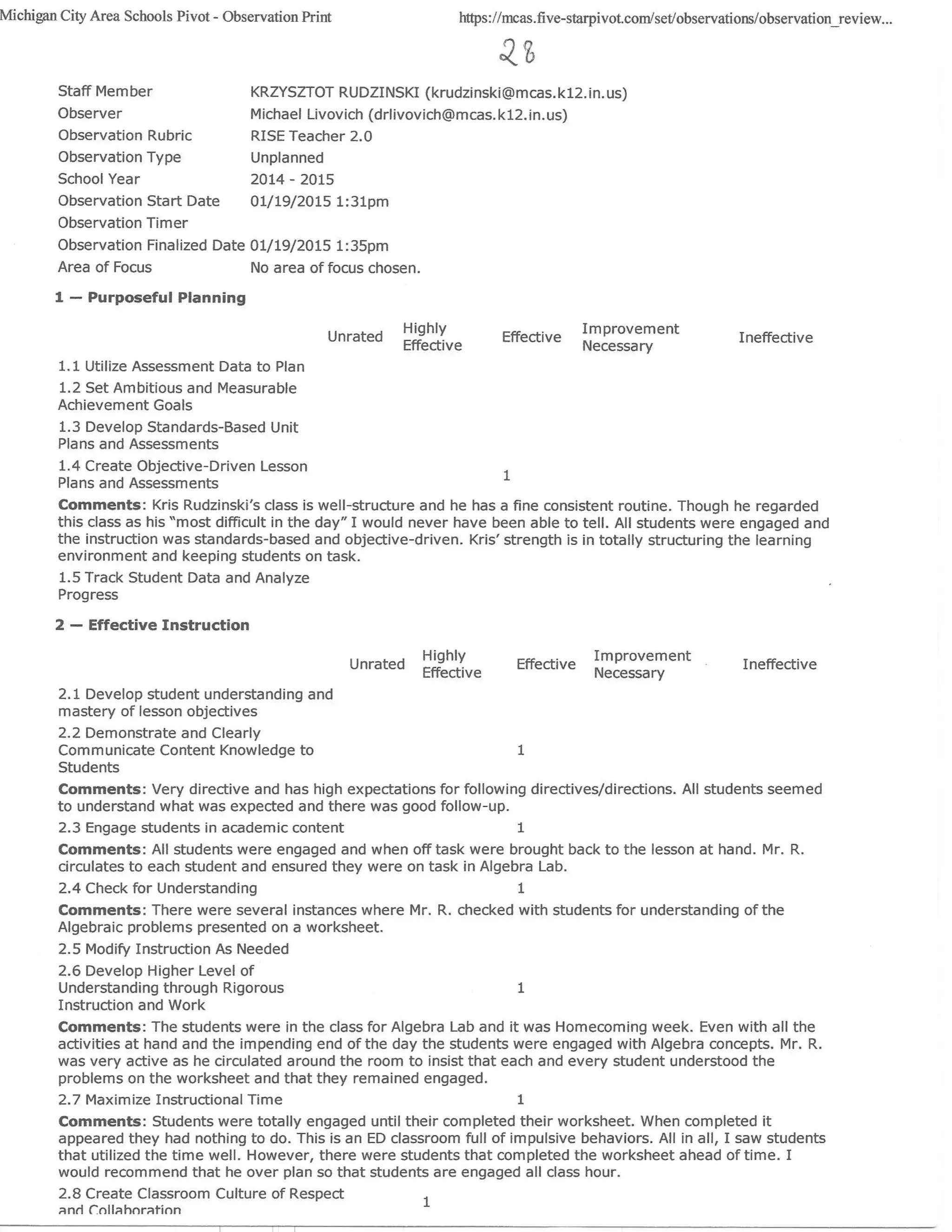 MCAS ObservationRiseTeacher | PDF