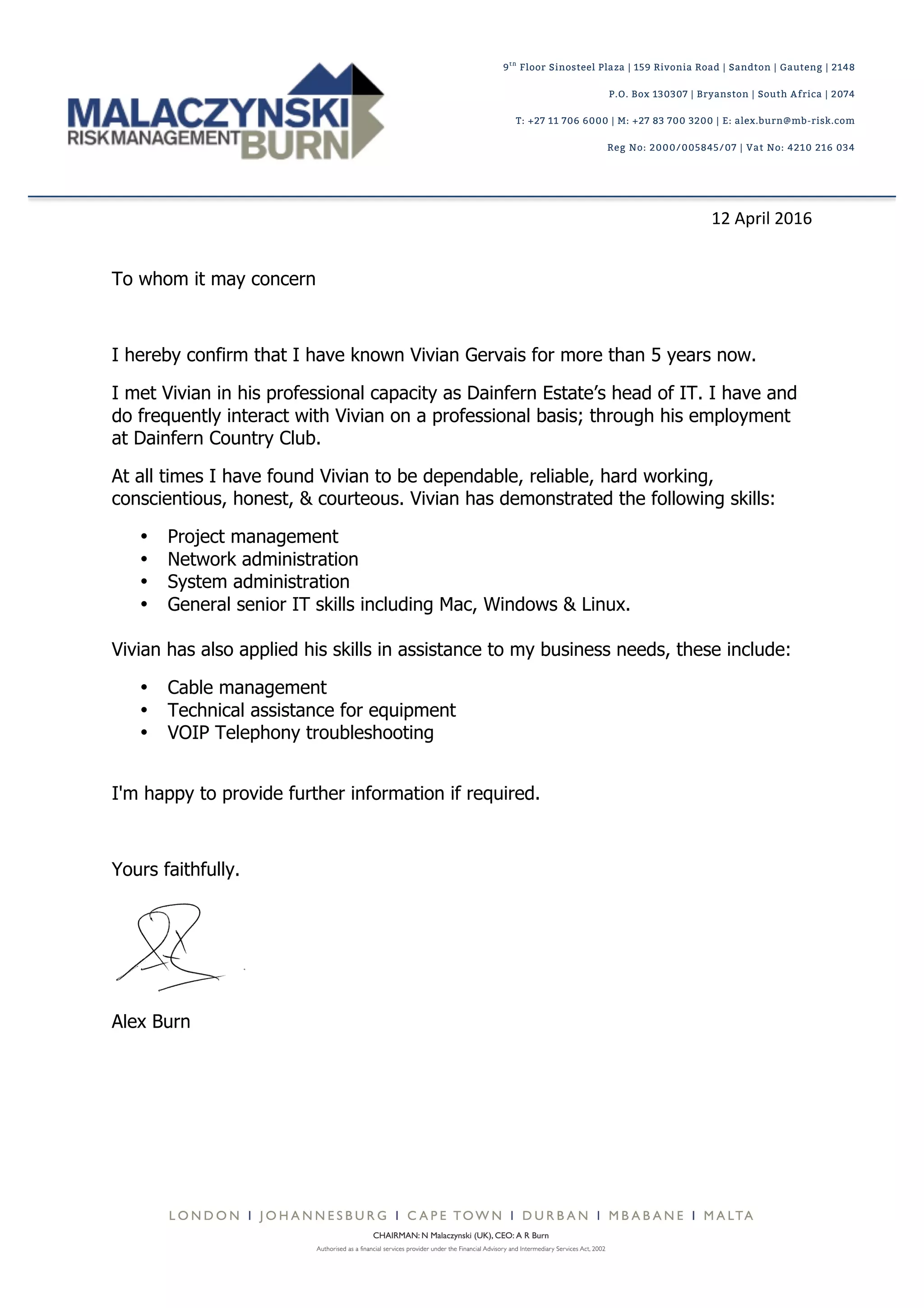 Alex Burn. Letter of Recomendation. 16.04.16