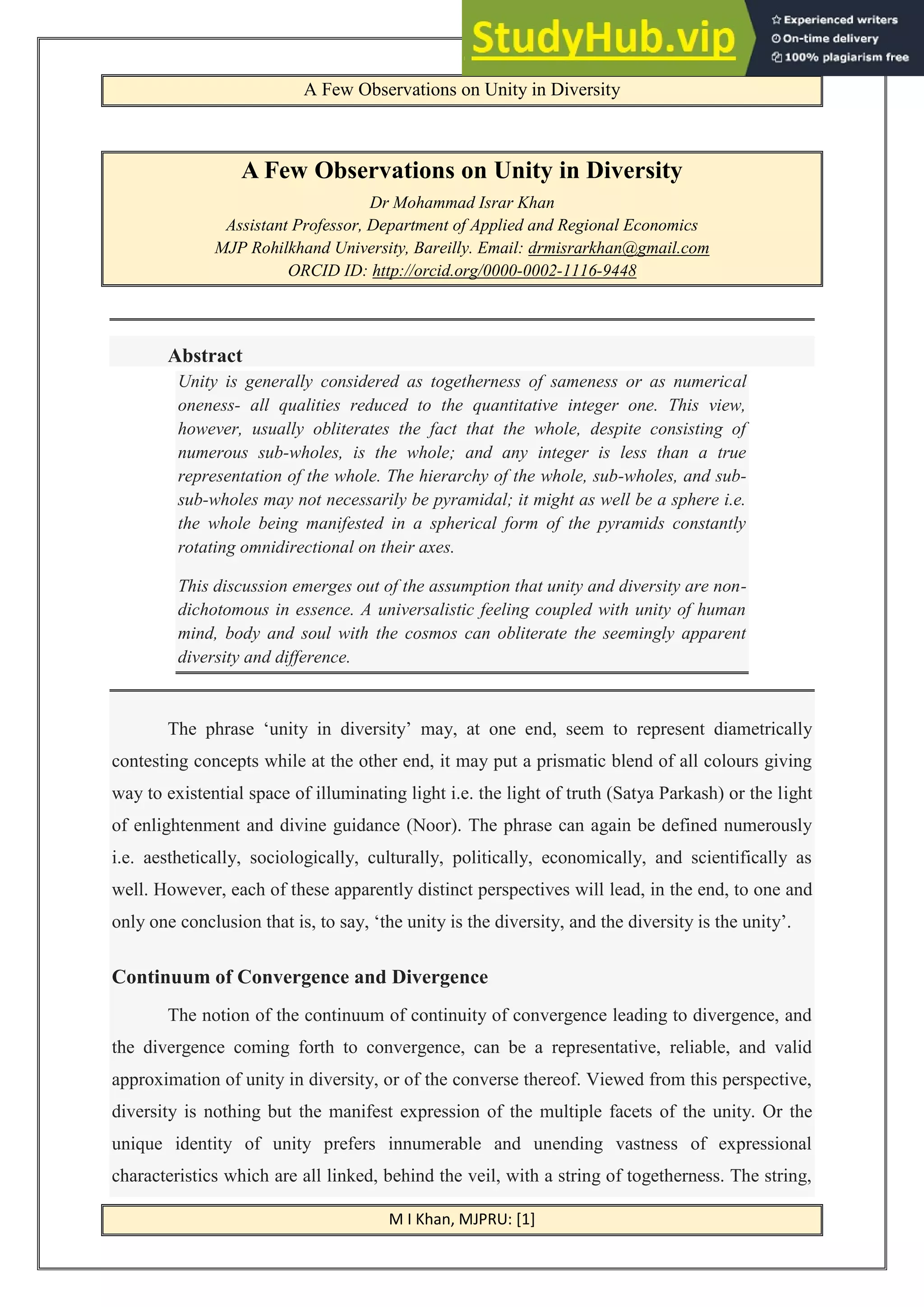 A Few Observations On Unity In Diversity | PDF